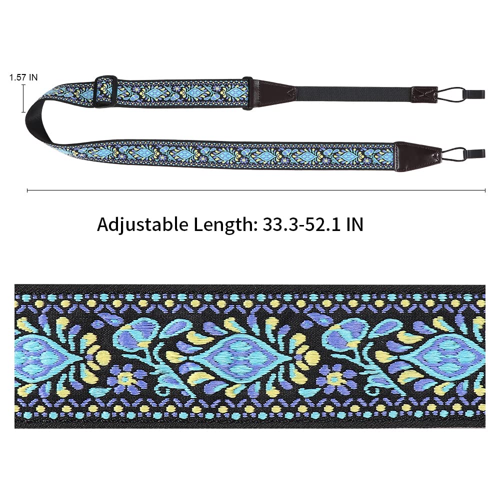 Eyeshot Ukulele Strap No Drill, Adjustable Double J Hook Clip on Uke Shoulder Strap, Hawaiian Jacquard Blue Flower Hands Free Ukelele Strap, Easy to Use and Fit Most Standard Uke Sizes