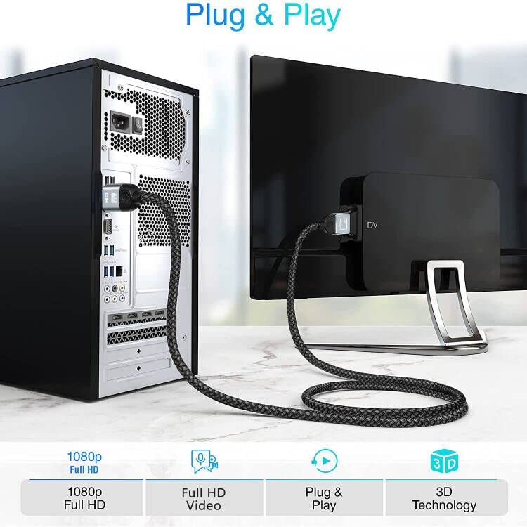 HDMI to DVI Cable 3.3FT, High-Speed Bi-Directional DVI-D 24+1 Male to HDMI Male 1080P Nylon Braid Cable Compatible with Desktop, Laptop, Raspberry Pi, projector, Xbox One, PS5/PS4, HDTV ect (3.3Feet)