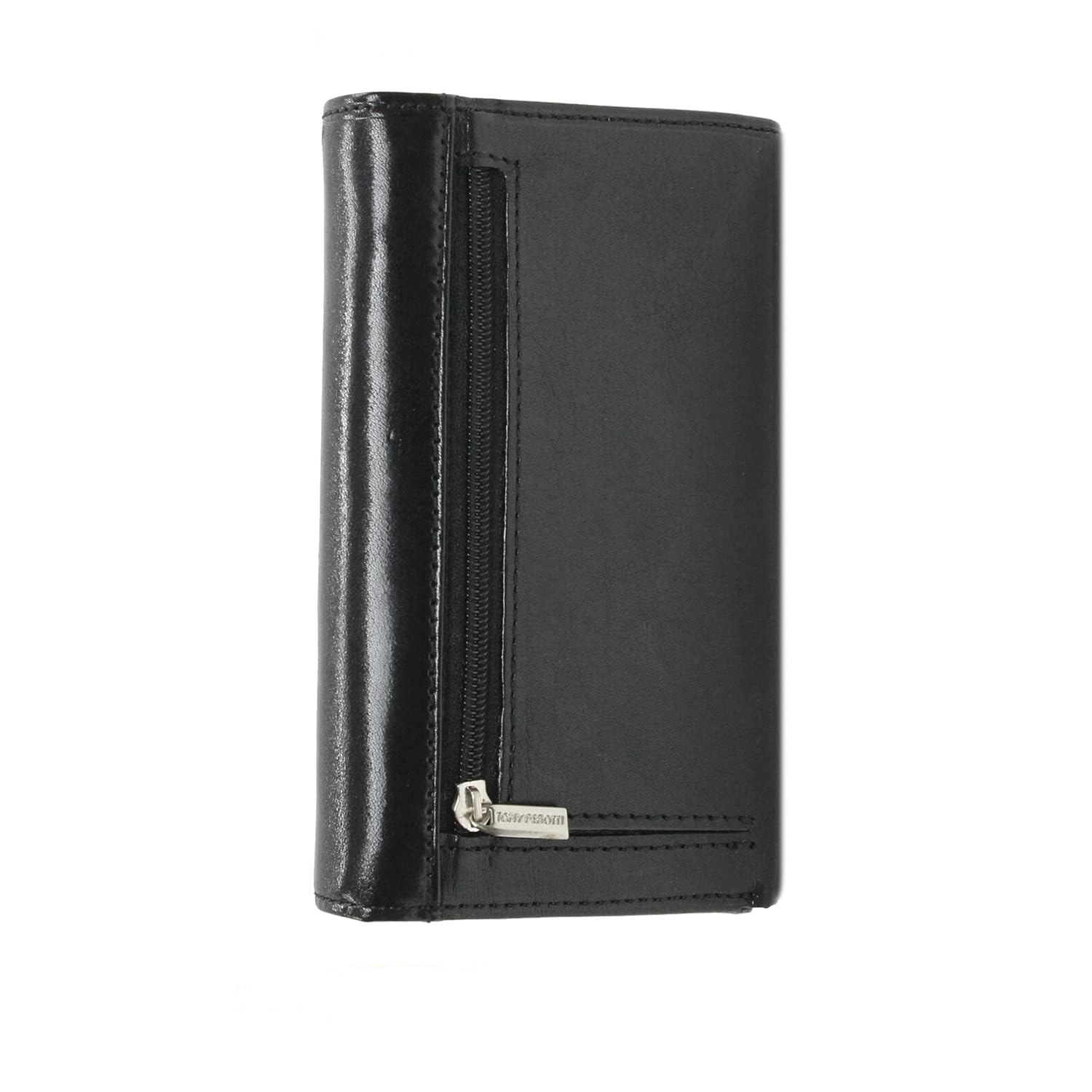 Tony Perotti Womens Italian Cow Leather Trifold Euro Clutch Wallet with ID Window and Coin Pouch in Black