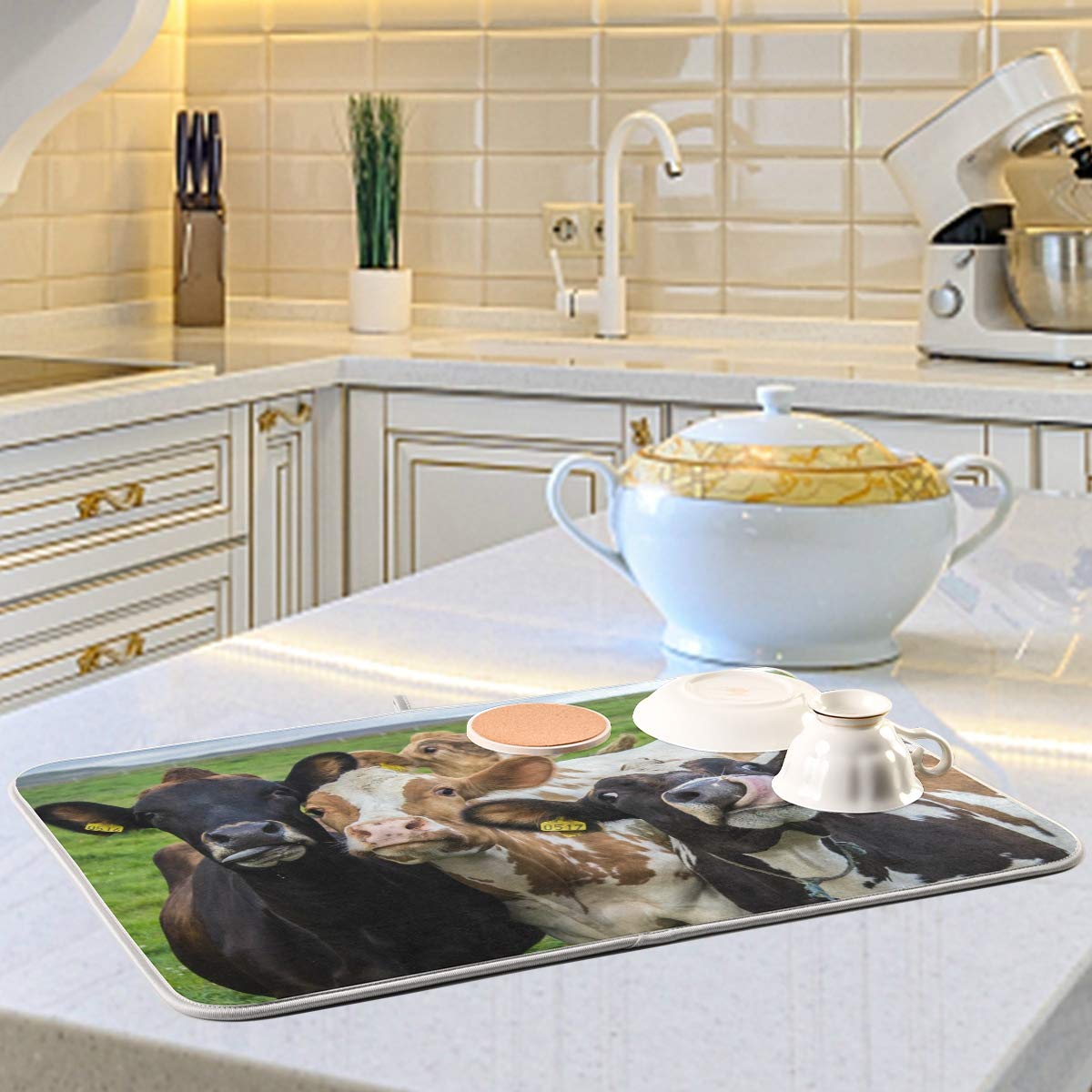 Kitchen Dish Drying Mat Farm Animal Cow Cattle Absorbent Washable Dish Drying Pad Drainer Rack Mat Heat Resistant Counter Protector for Glass Plate Cup Pan 18x24in