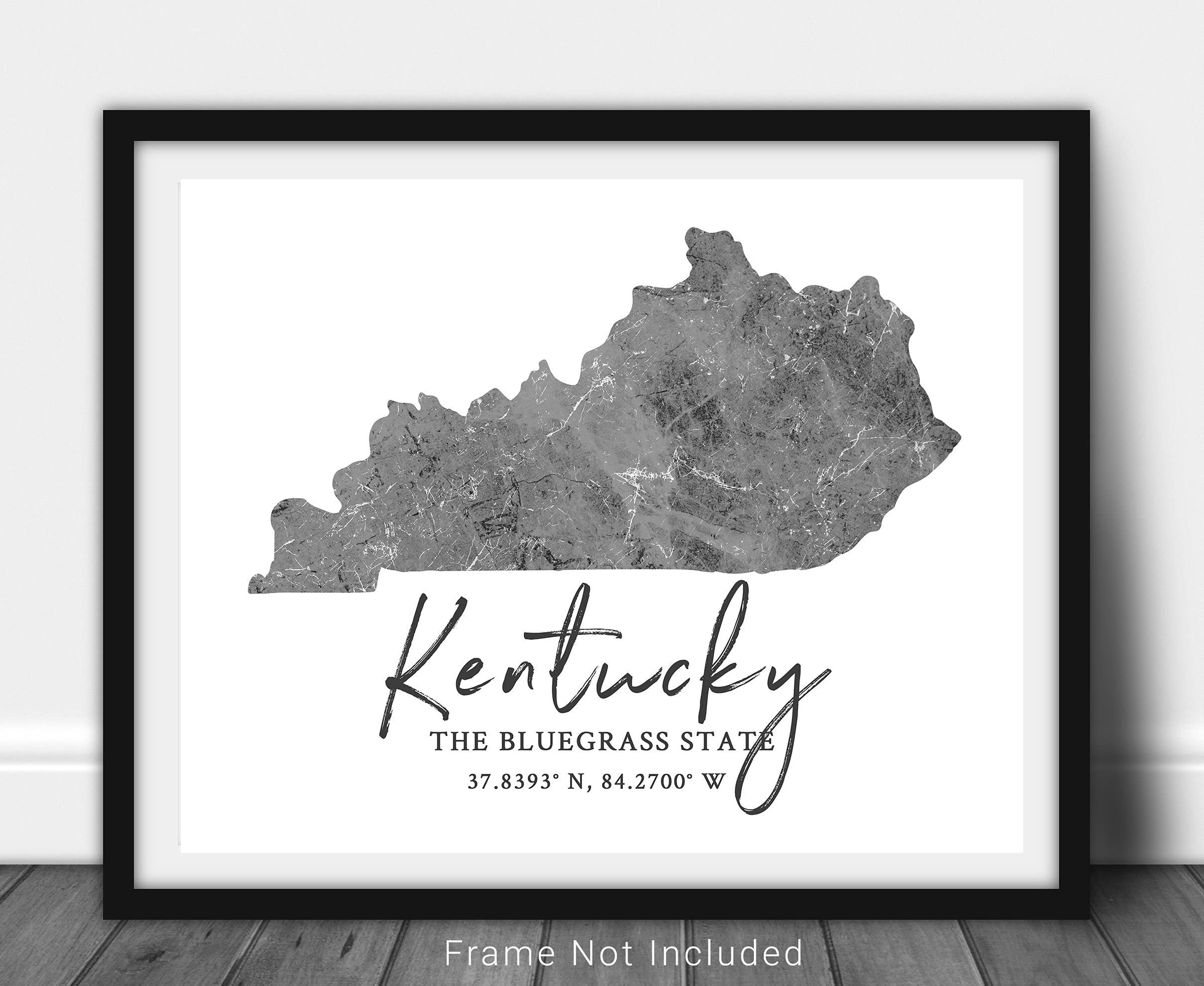 Kentucky State Map Wall Art Print - 8x10 Silhouette Decor Print with Coordinates. Makes a Great Bluegrass State-Themed Gift. Shades of Grey, Black & White.