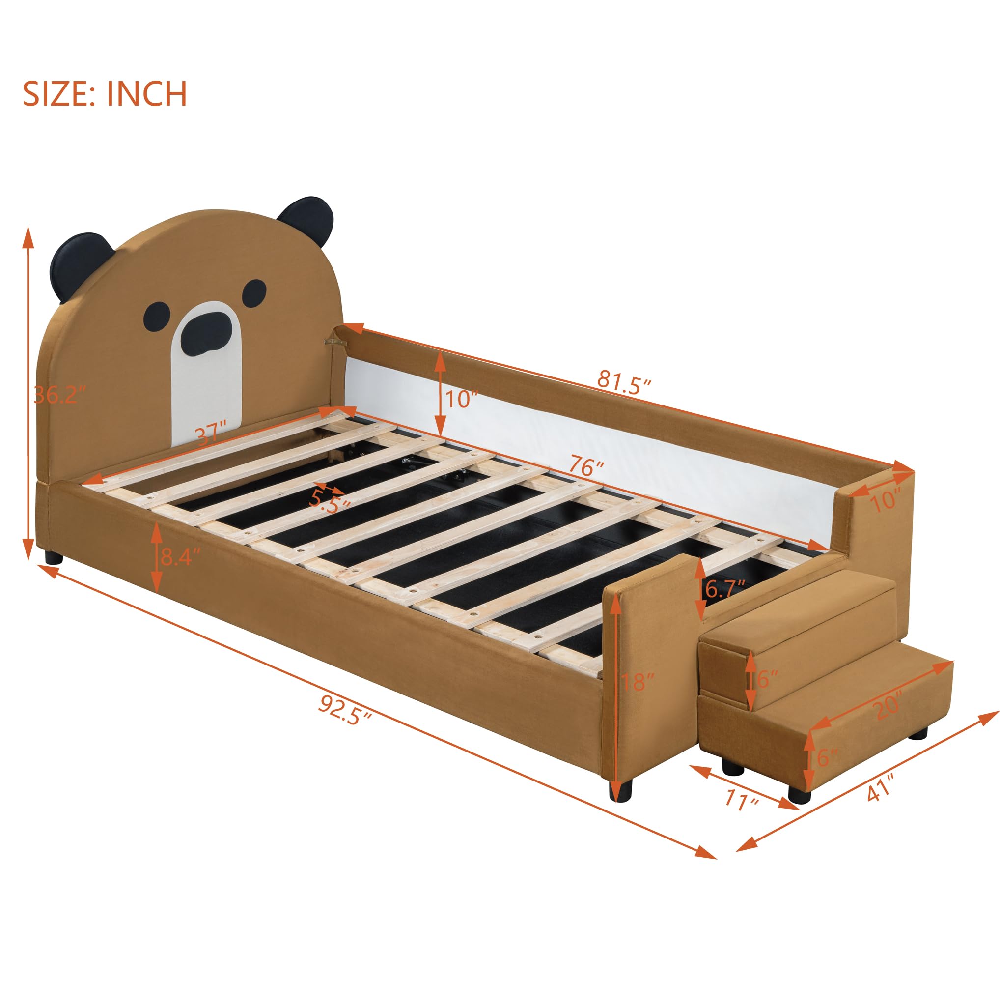 Luxo Abode Twin Size Upholstered with Bear Shaped Headboard, Velvet Daybed w/Hydraulic System and Breathable Mesh Fence, Easy Assembly and No Spring Need, for Kids Teens Bedroom, Brown