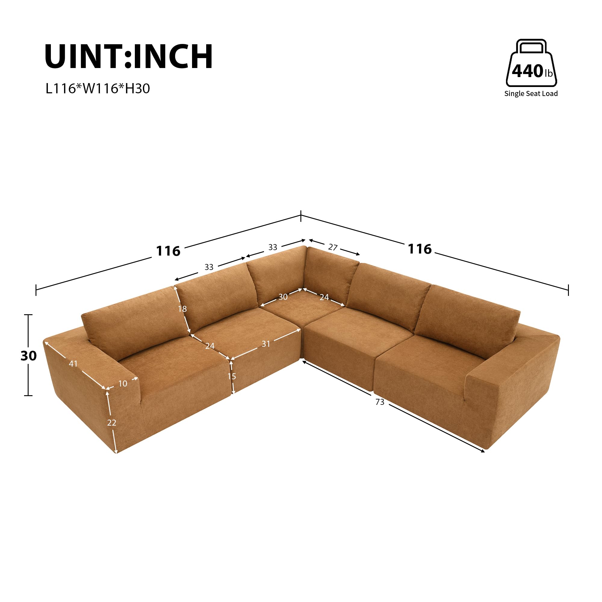 Merax 116" Modular Sectional Sofa, Luxury Floor Couch Set, Chenille Upholstered Indoor Furniture Foam-Filled Sleeper Bed for Living Room, Bedroom, 5 PC Free Combination, 5 Seats-L Shape, Brown