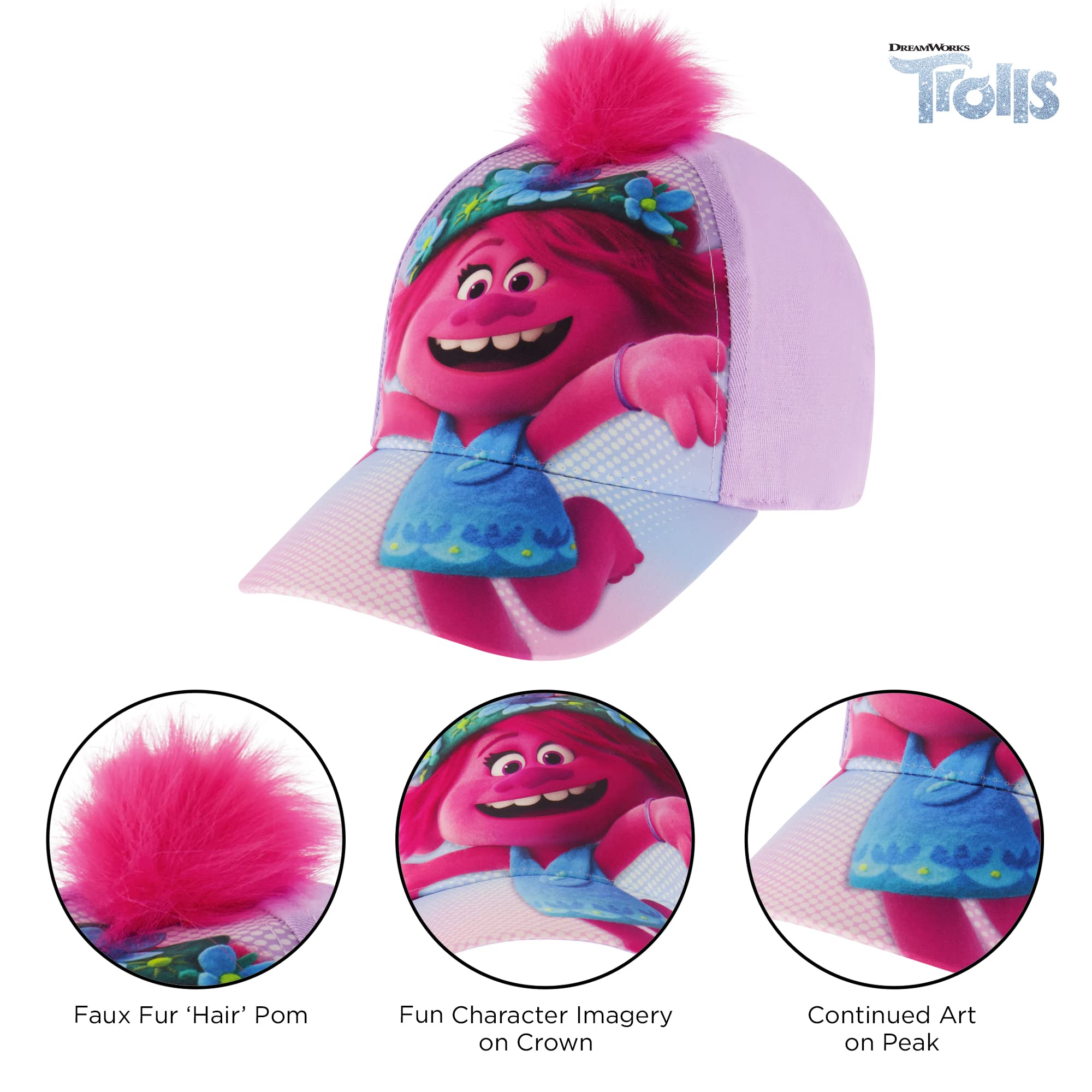 DreamWorks Kids Hat, Trolls Baseball Cap for Girls Ages, Pink/Silver, Age 4-7