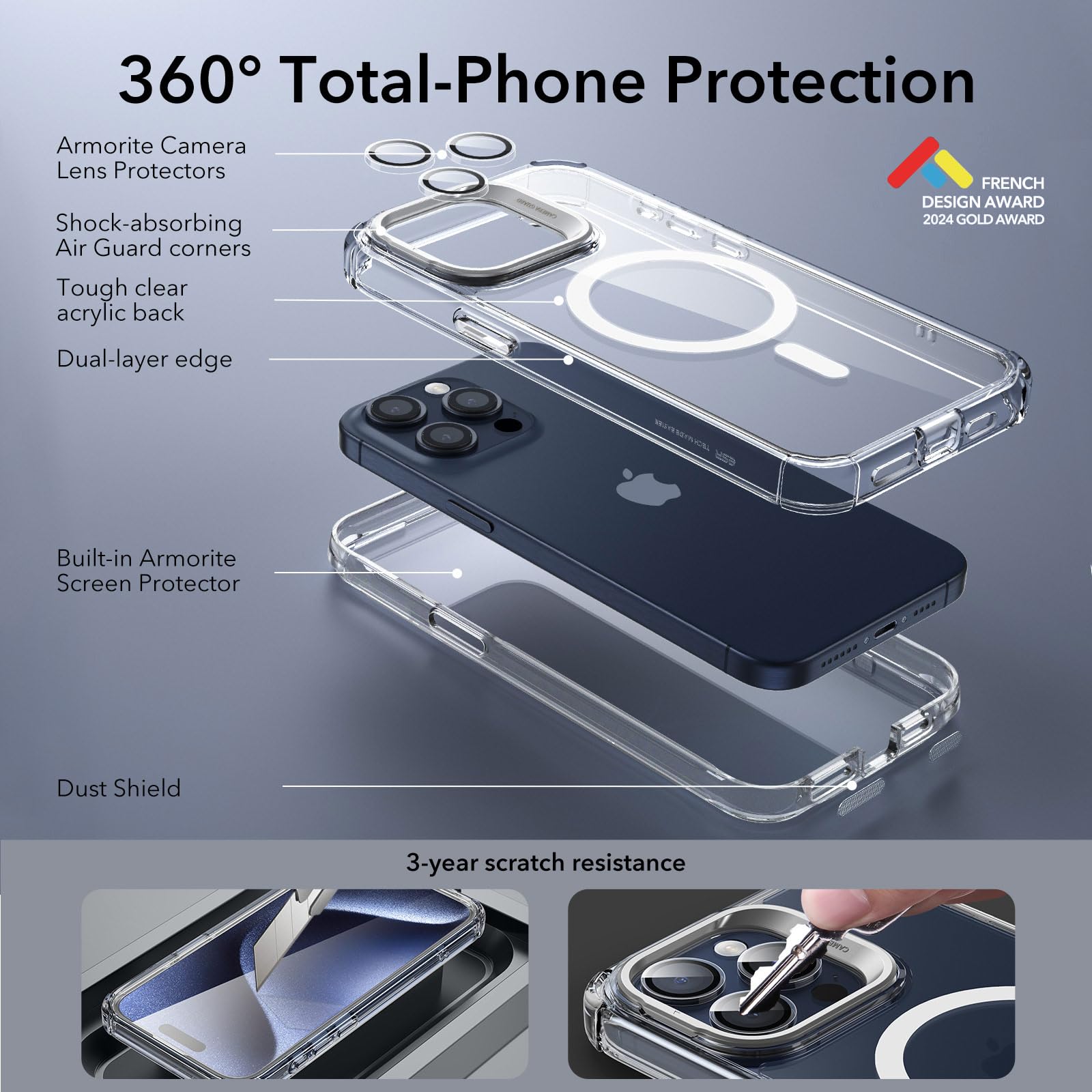 ESR for iPhone 15 Pro Max Case, Full-Body Shockproof MagSafe Case, Exceeds Military-Grade Protection, Magnetic Phone Case for iPhone 15 Pro Max, 2-Part Tough Case with Stand, Armor Series, Clear
