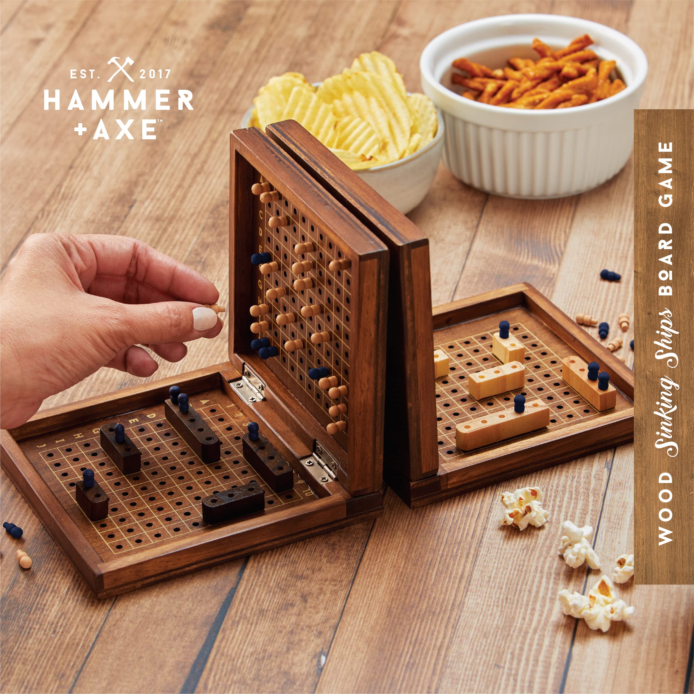 Hammer + Axe Wooden Sinking Ships 2-Player Board Game, Quality Crafted Wood, Portable Vintage Design, Great for Beach Camping Parties & Travel