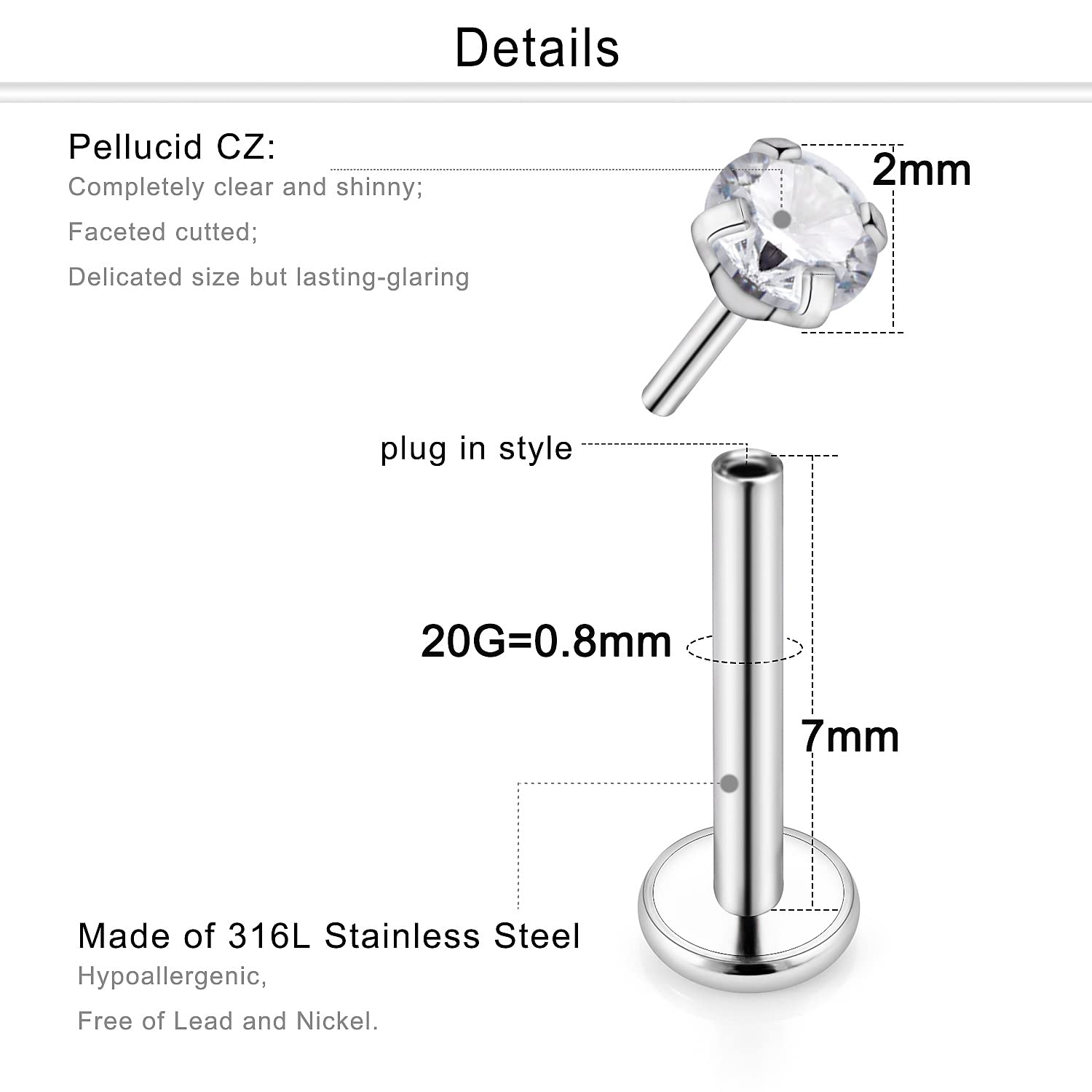 Dyknasz 20G Threadless Nose Stud Threadless Earring Set Surgical Steel Push in Nose Rings Studs for Women Nose Piercing Jewelry for Men Flat Back Cartilage Helix Tragus Earrings 10mm 3mm