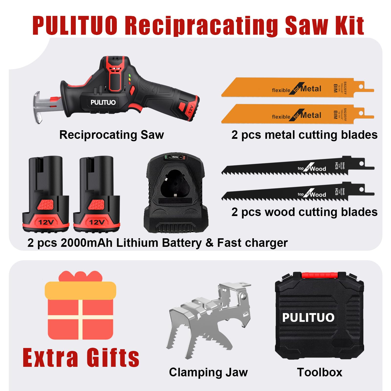 PULITUO Reciprocating Saw Cordless, Power Reciprocating Saws Compact Design,Including 2pcs 2000mAh Li-Ion battery, 1-Hour Fast Charger, Clamp Jaw, 4pcs of Saw Blades for Wood/Metal/PVC