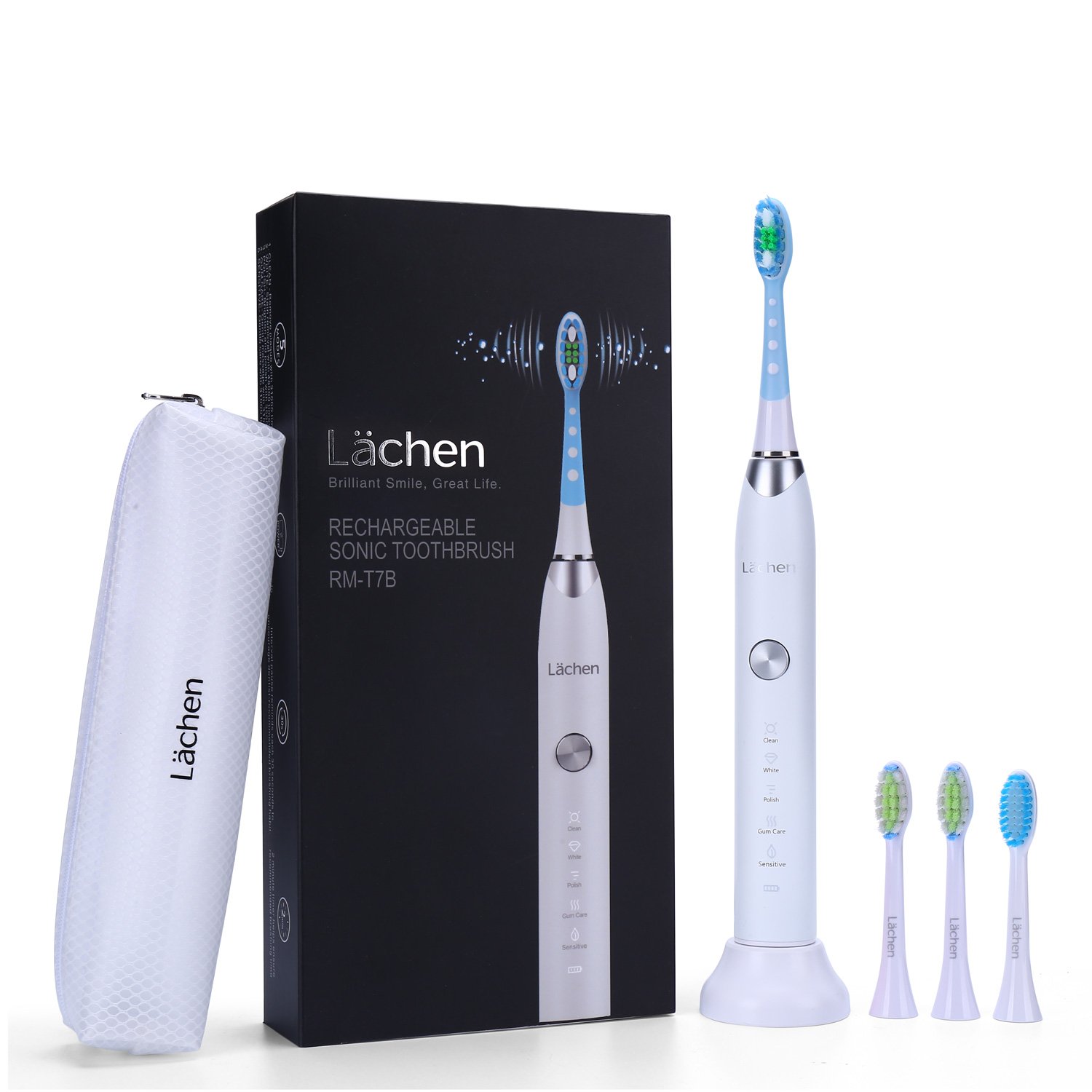 Lächen Sonic Toothbrush 5 Modes 4 Brush Heads Power Electric Toothbrush Travel Rechargeable Portable USB Inductive Charging IPX7 Waterproof