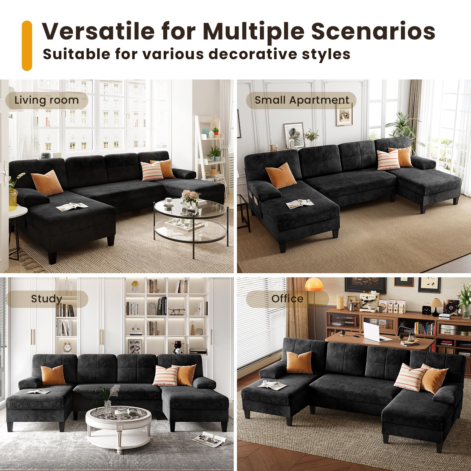 KKL Convertible Sectional Sofa Couch, Couch with Double Chaise, 100 Inch U Shaped Modern Modular Sofa, 4 Seat Sofa Set for Living Room, Chenille, Black