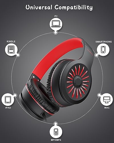 NIVAVA Wired Headphones with Microphone, K16 On-Ear Headphones for Kids with 3.5MM Jack, Foldable Stereo Bass Headphones for Teens School Amazon Kindle, Fire, Chromebook, Tablet(Black Red)