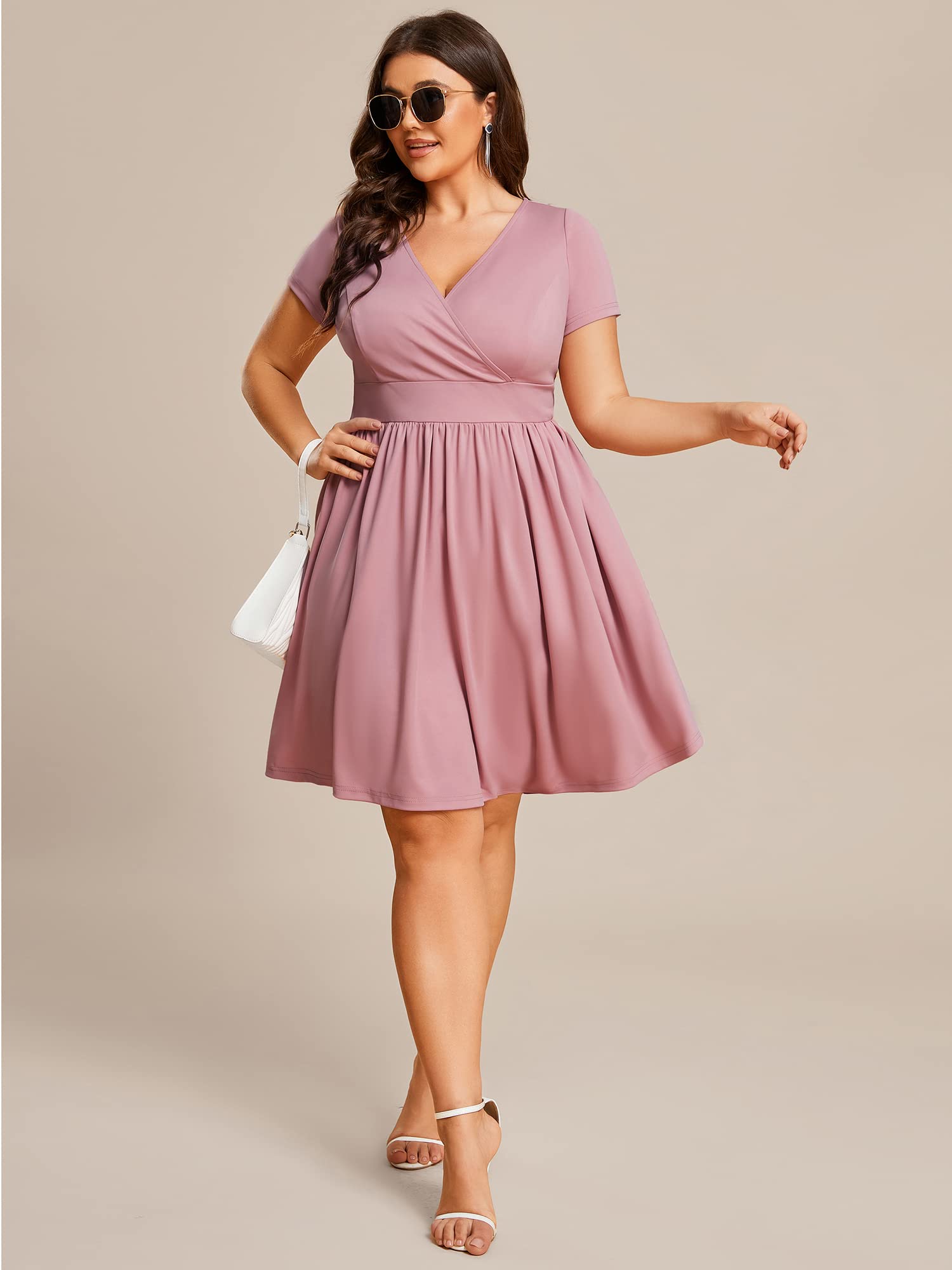 Ever-Pretty Summer Mini A-Lline Short Sleeves A-Line Curve Dresses for Women 2023 Dusty Rose L