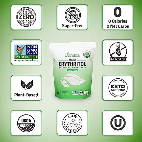 Durelife USDA organic erythritol sweetener, non gmo verified, Keto certified, No After Taste, Kosher, Zero Calorie Plant-Based Sugar Alternative (1, 5 LB (80 oz))