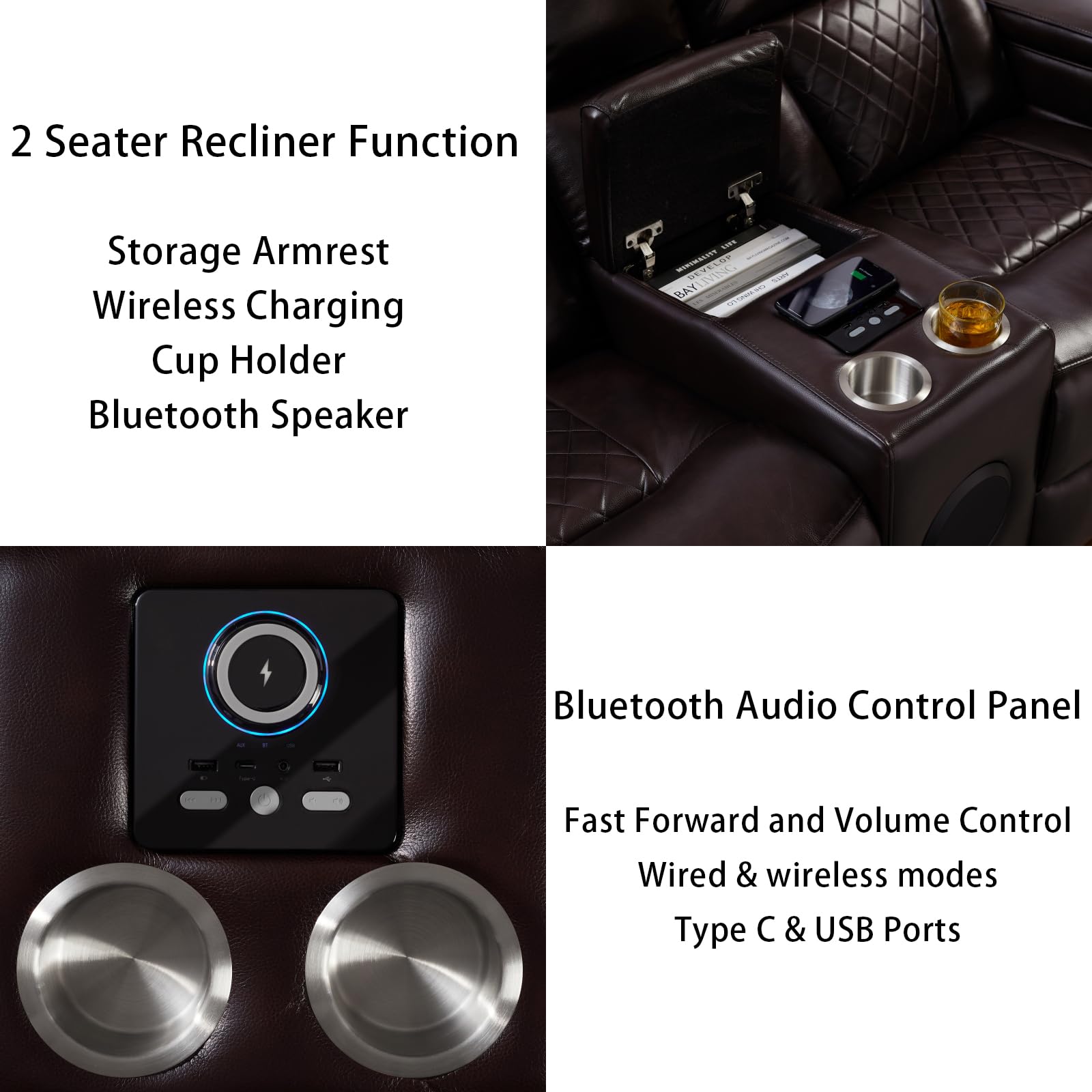 THSUPER Power Breathable Leather Reclining Sofa Set with LED Light, Home Theater Seating Recliner Couch with Adjustable Headrest/Reading Light/USB Port/Wireless Charing/Bluetooth Speaker, Black