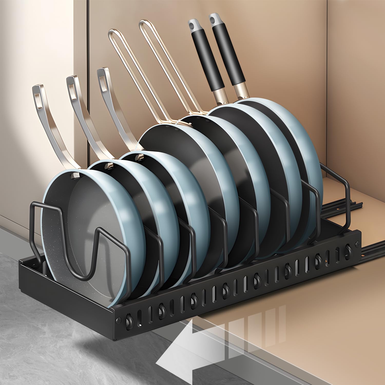 HOTEC Pull Out Pots and Pans Organizer for Kitchen Cabinets β Versatile Under-Cabinet or In-Cabinet Pot Lid and Pan Rack with 8 Adjustable Dividers, Adhesive Nano Strip/Screw Installation