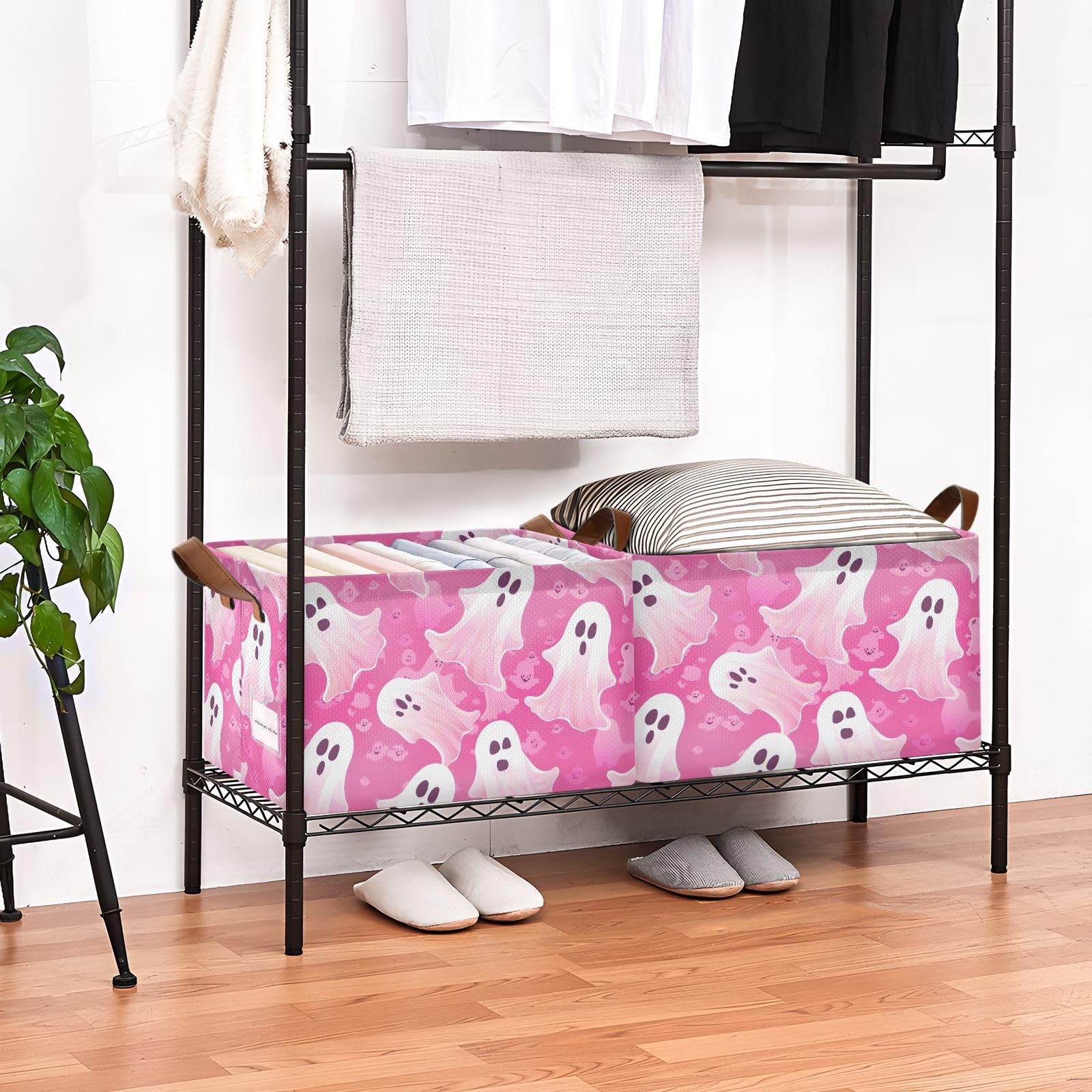 HOMONAW Rectangular Storage Bin Halloween Ghosts Boo Storage Baskets Foldable Closet Organizer with Handles for Organizing Shelf, Clothes, Toys, Home, Office, Nursery