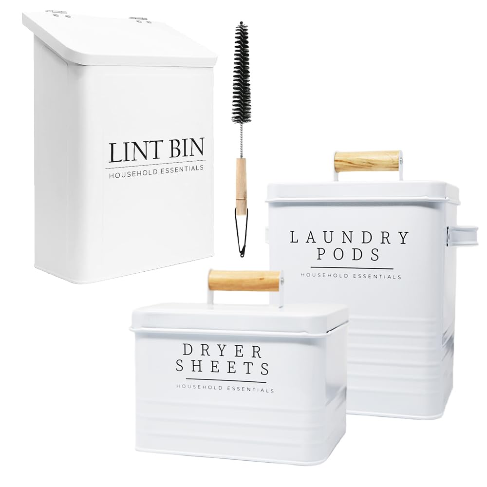 KOANEssentials Laundry Pods Container, Dryer Sheet Holder and Lint Bin Bundle. Laundry Room Organization and Storage, Farmhouse Decor
