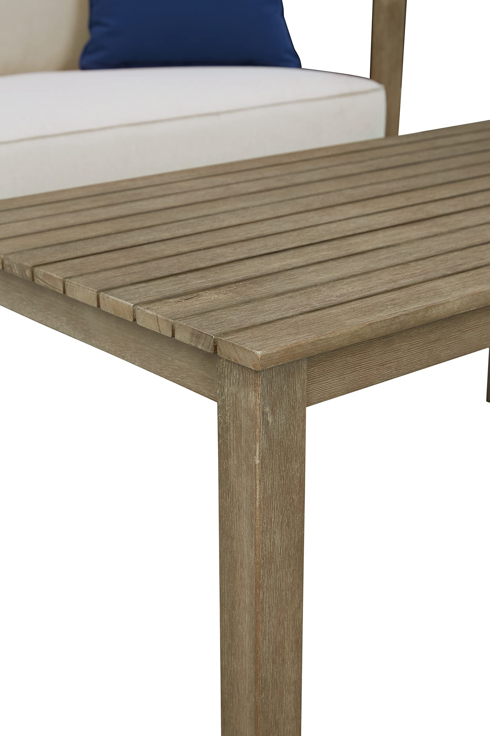 Signature Design by Ashley Outdoor Fynnegan Patio Eucalyptus Loveseat & Coffee Table, Beige with Blue Pillows