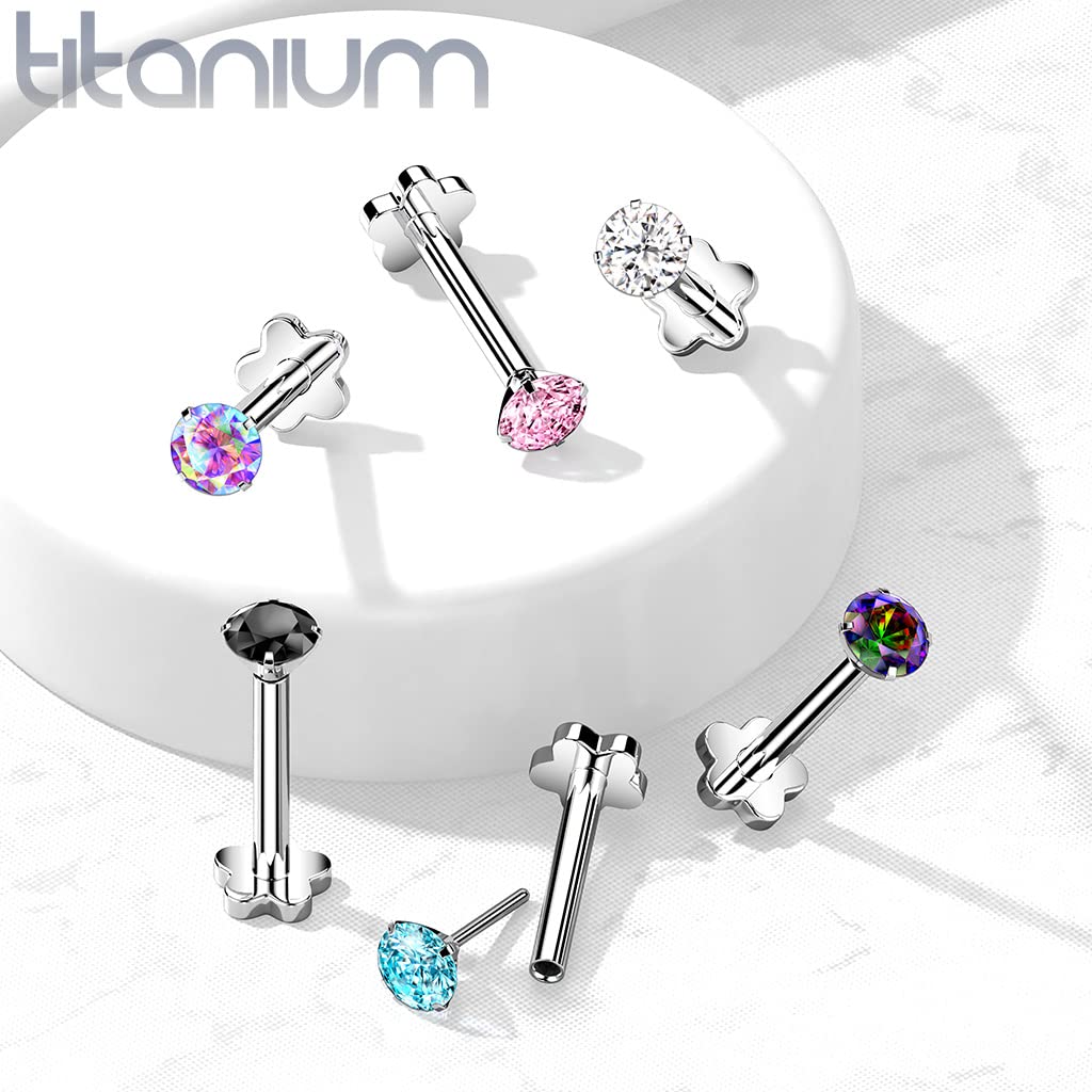 Dynamique Implant Grade Titanium Threadless Push In Flower Base Labret, Flat Back Studs With CZ Prong Set Top For Cartilage, Monroe, Nose (Sold Per Piece)