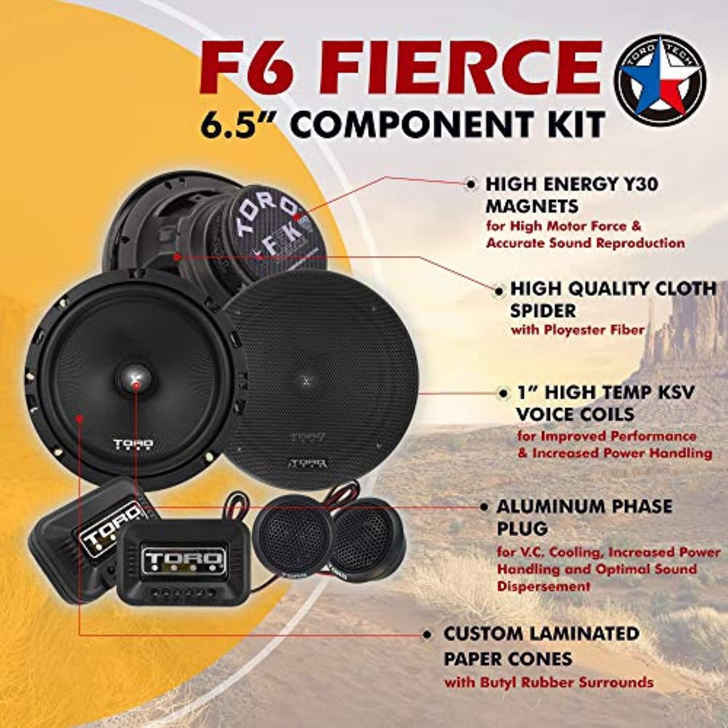 TORO TECH β F6K, 6.5 Inch Component Car Speaker Set - 200 Watt MAX / 100 Watts RMS, 13mm Ferro Fluid Tweeters, 4 Ohm, 1β KSV Voice Coils. Two Speakers, 2 Tweeters, 2 Crossovers, 2 Grills(Sold As Pair)