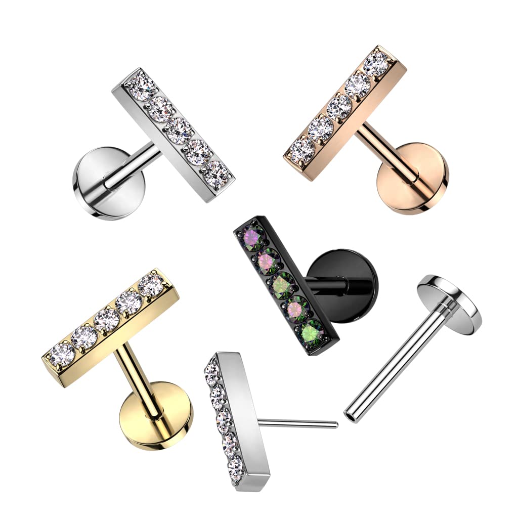 Dynamique Implant Grade Titanium Threadless Push In Labret, Flat Back Stud With 5 CNC Set CZ Lined Straight Bar Top (Sold Per Piece)