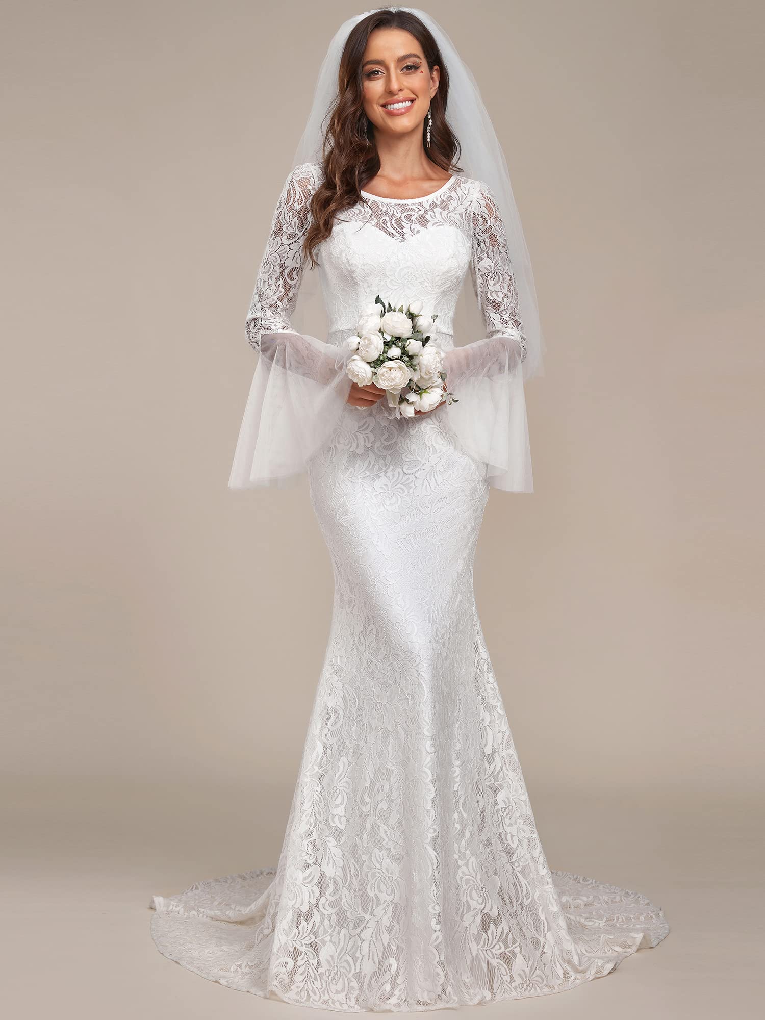 Ever-Pretty Women Lace Flare Sleeve Long Bridesmaid Dress Evening Party Dress White US16