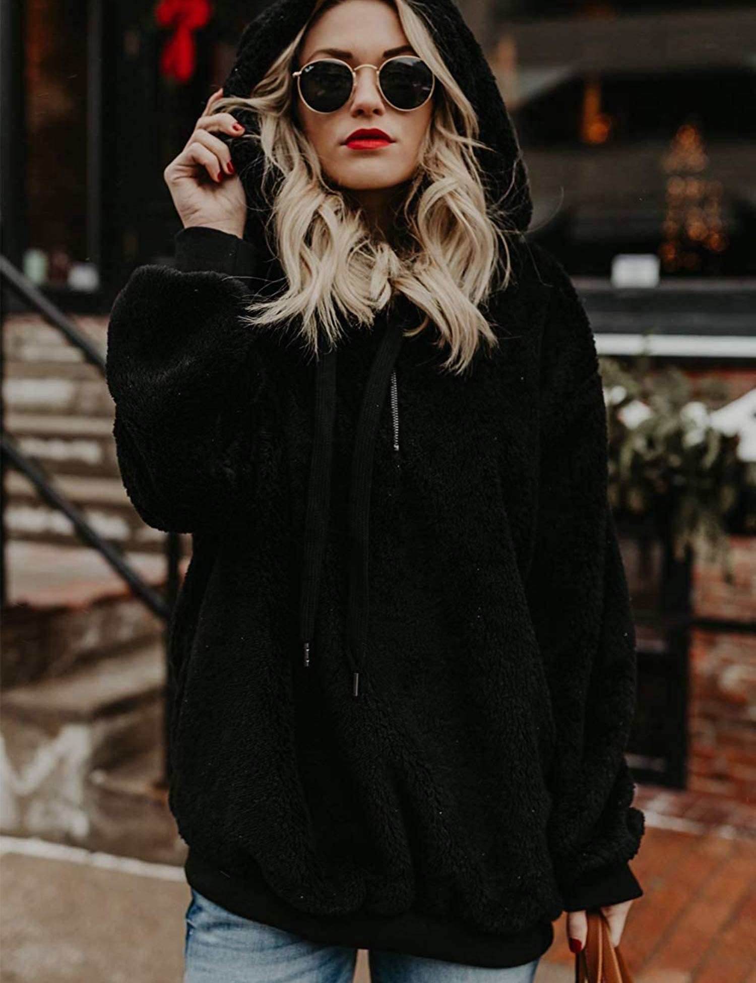 Doreyi Slouchy Sweatshirt for Women Cozy Pullover Fluffy Fleece Sweatshirt Oversized Hoodies Black M