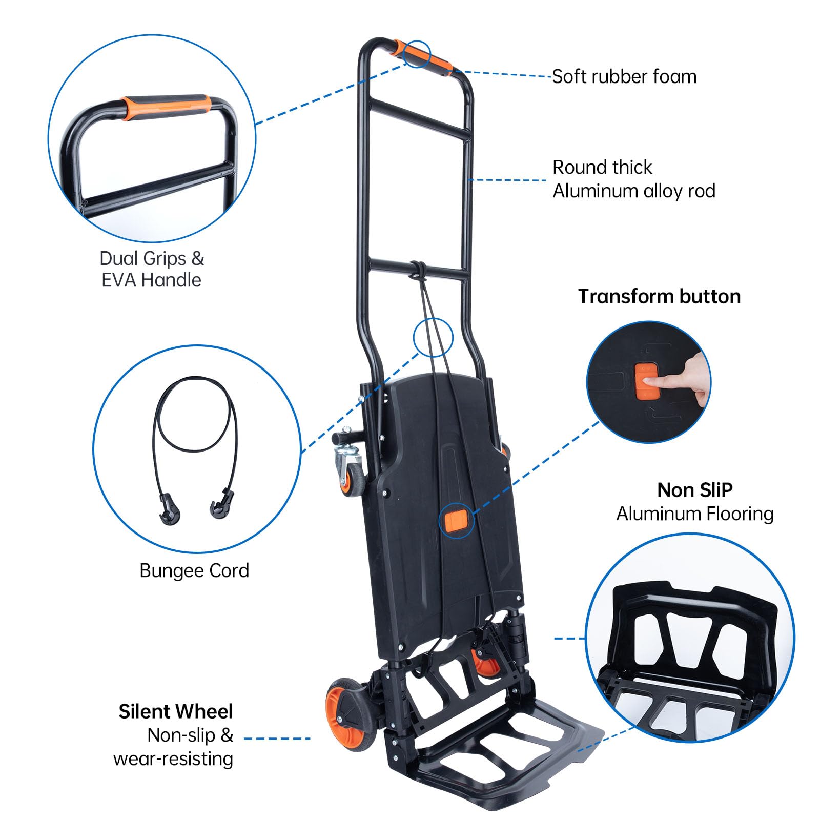 Insdawn Hand Truck and Dolly 2 in 1 Foldable 350LBS Capacity Portable Cart with Telescoping Handle and Wheels Elastic Rope for Luggage Office Travel
