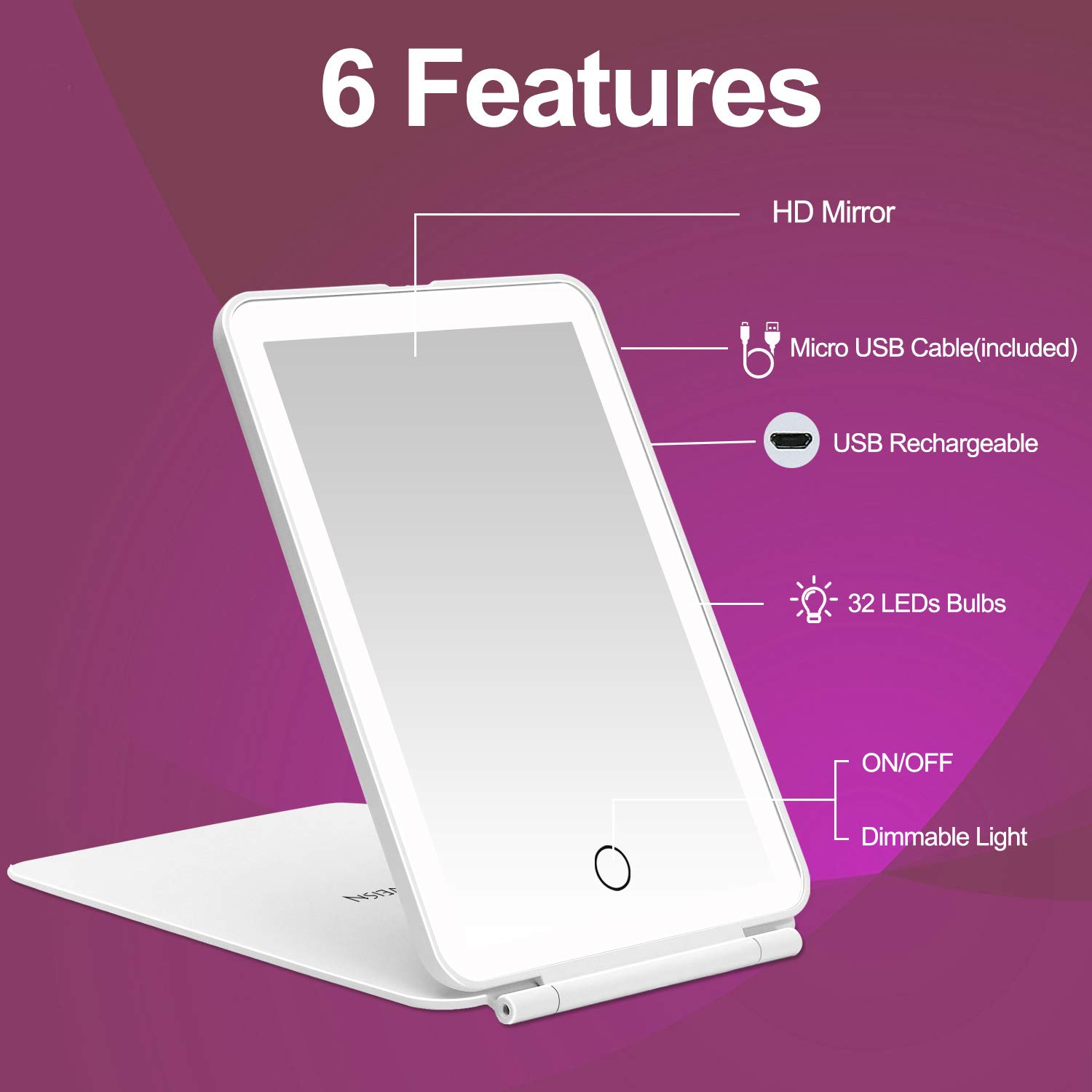 deweisn LED Tabletop Mount Makeup Mirror for Travel, 32 LEDs Lighted Vanity Mirrors with Dimmable Lighting,Compact, Slim, Rechargeable Folding Lighted Mirror for Beauty (White)