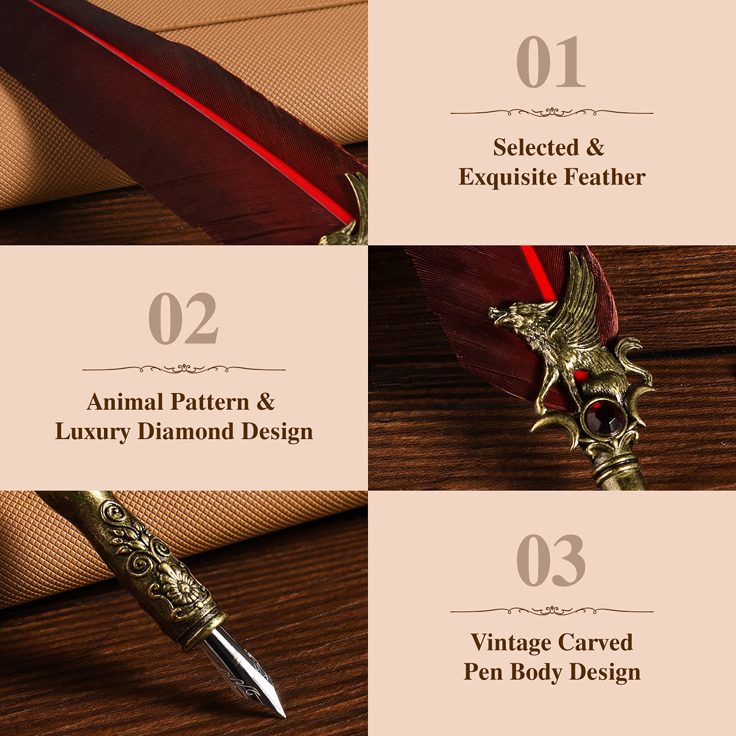 Eptbsdu Antique Calligraphy Feather Pen Quill Pen and Ink Set Beginners Animal Feather Dip Pen with 10 Replacement Nibs Ink & Pen Holder for Writing Drawing Signature