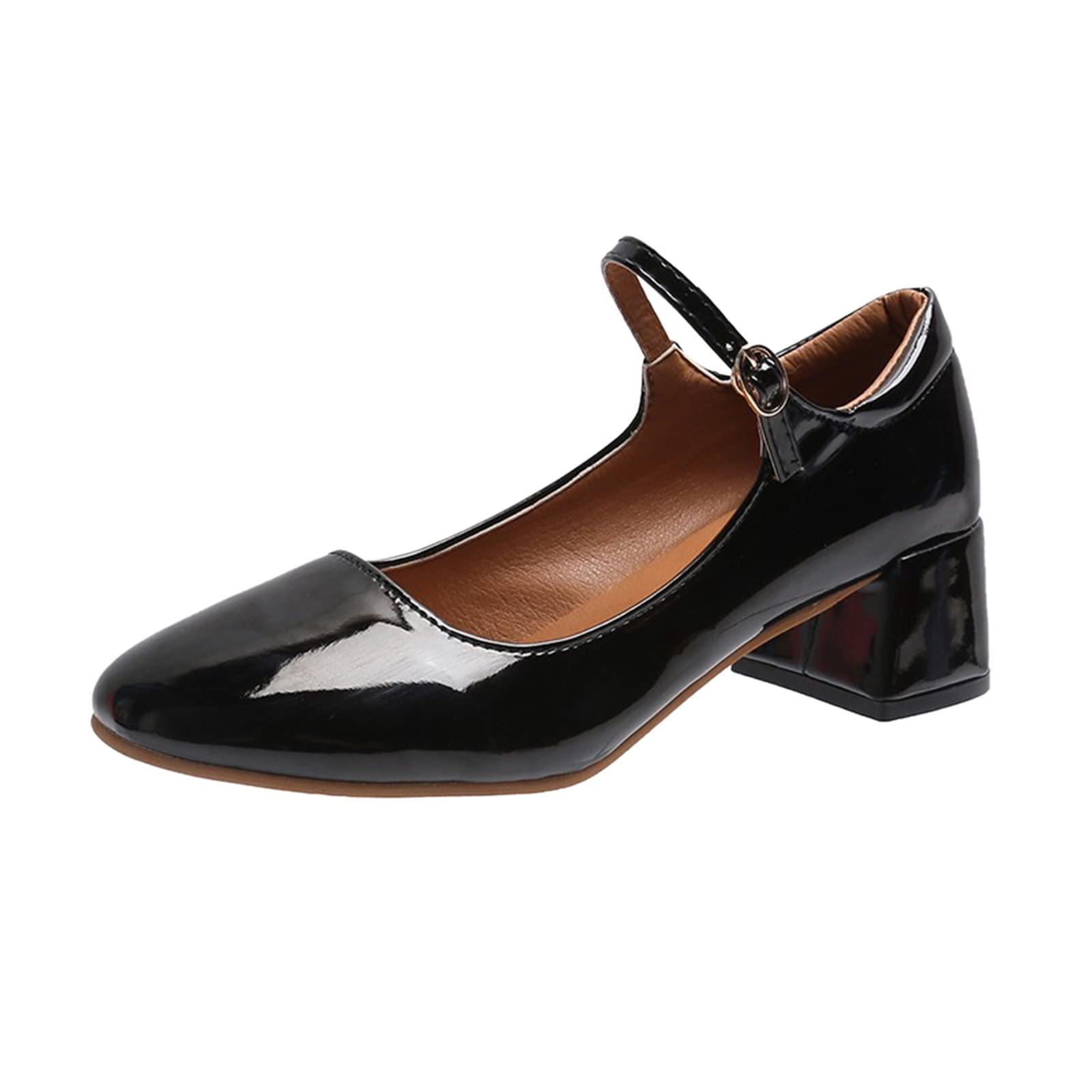 FASDNENDYS Spring Women's Leather Mouth Heel Thick Shoes Shallow High Medium Retro Heel Literary Casual Heel Women's Medium Heel Black