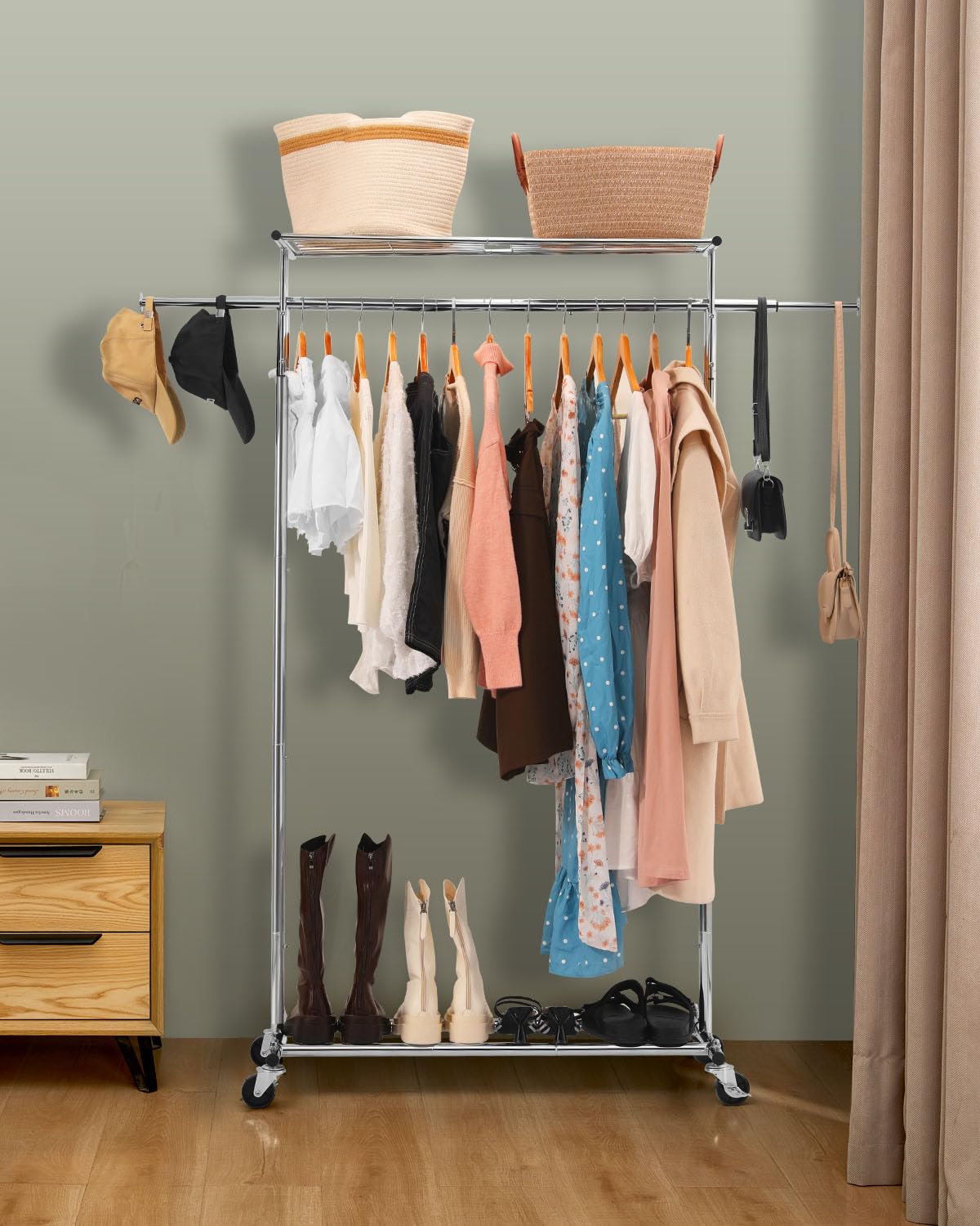 HOUSE AGAIN Clothes Rack on Wheels with Extra Top Storage Shelf, LARGE Rolling Garment Rack for Hanging Clothes, Heavy-duty Metal Clothing Rack Organizer for Bedroom, Living Room -Silver