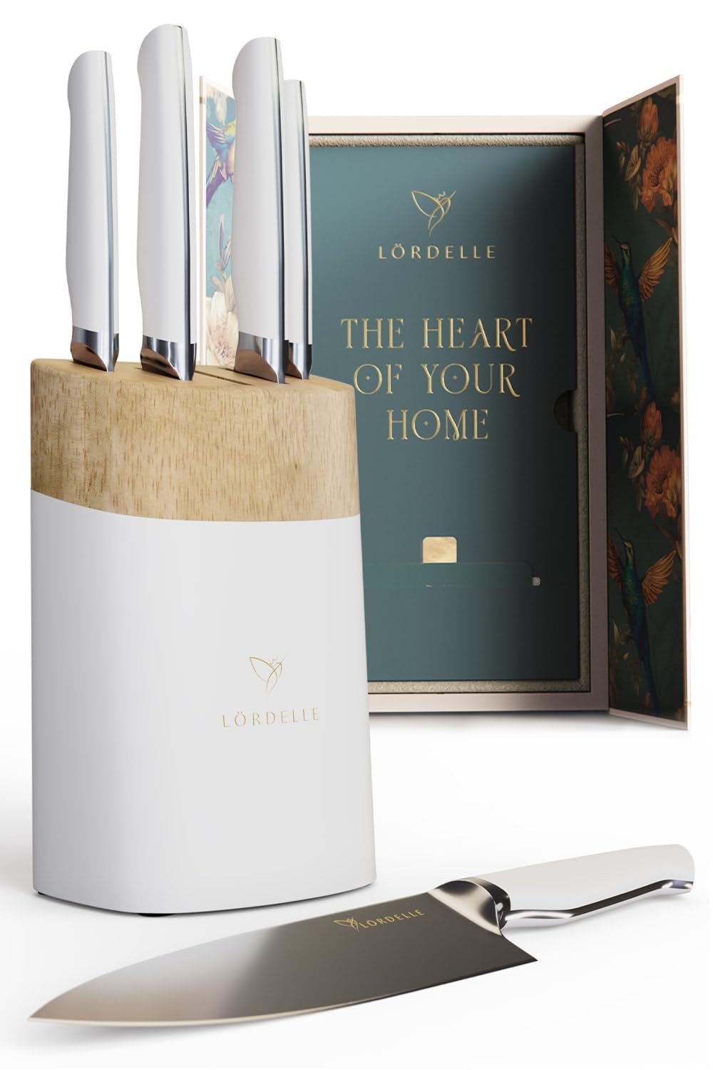 Lordelle Knife Block Set - 5 Piece Set - White Chantilly Snow - Lifestyle Home Kitchen Design - German X50 Stainless Steel - ABS Handle - Ash Wood Block - Cooking Chef Knife, Santoku, Paring, Utility