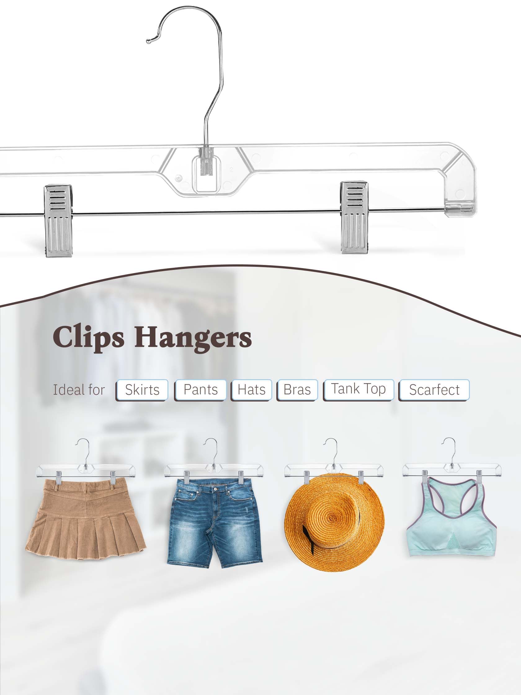 HOUSE DAY Clear Skirt Hangers with Clips, Non-Slip Plastic Pant Hangers with Adjustable Clips, Slim Clip Hangers for Pants, Skirts, Shorts, 14" Clear Hangers 10 Pack, 360-Rotating Swivel Hook