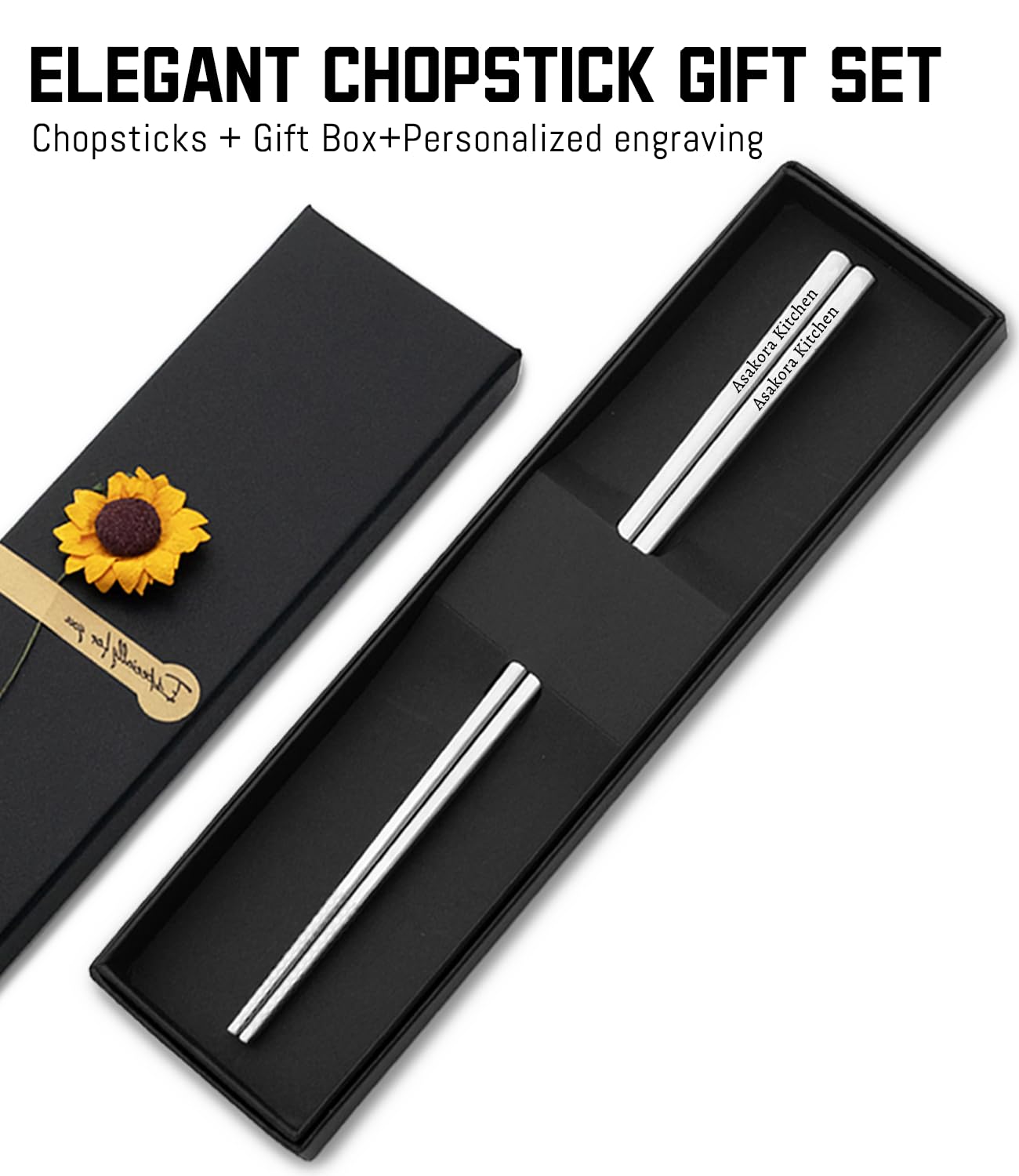 Personalized Chopsticks, Custom Engraved Name Reusable Stainless Steel Chop Sticks, Square Non-Slip ChopSticks Dishwasher Safe for Housewarming Weddings Anniversaries Parties, Gift for Friends