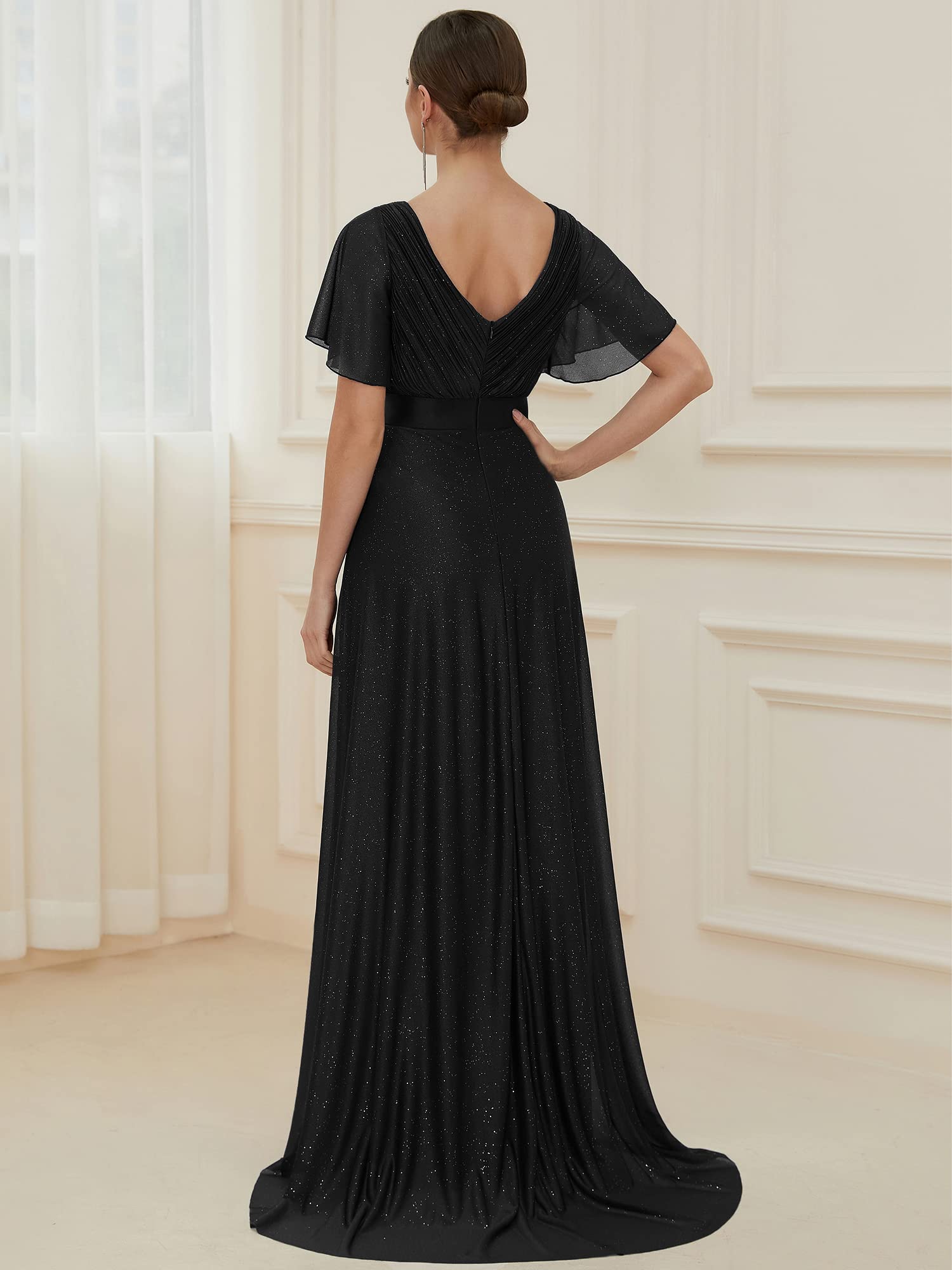 Ever-Pretty Womens Evening Dresses V Neck Short Sleeves A-line Glitter Formal Dresses Black US16
