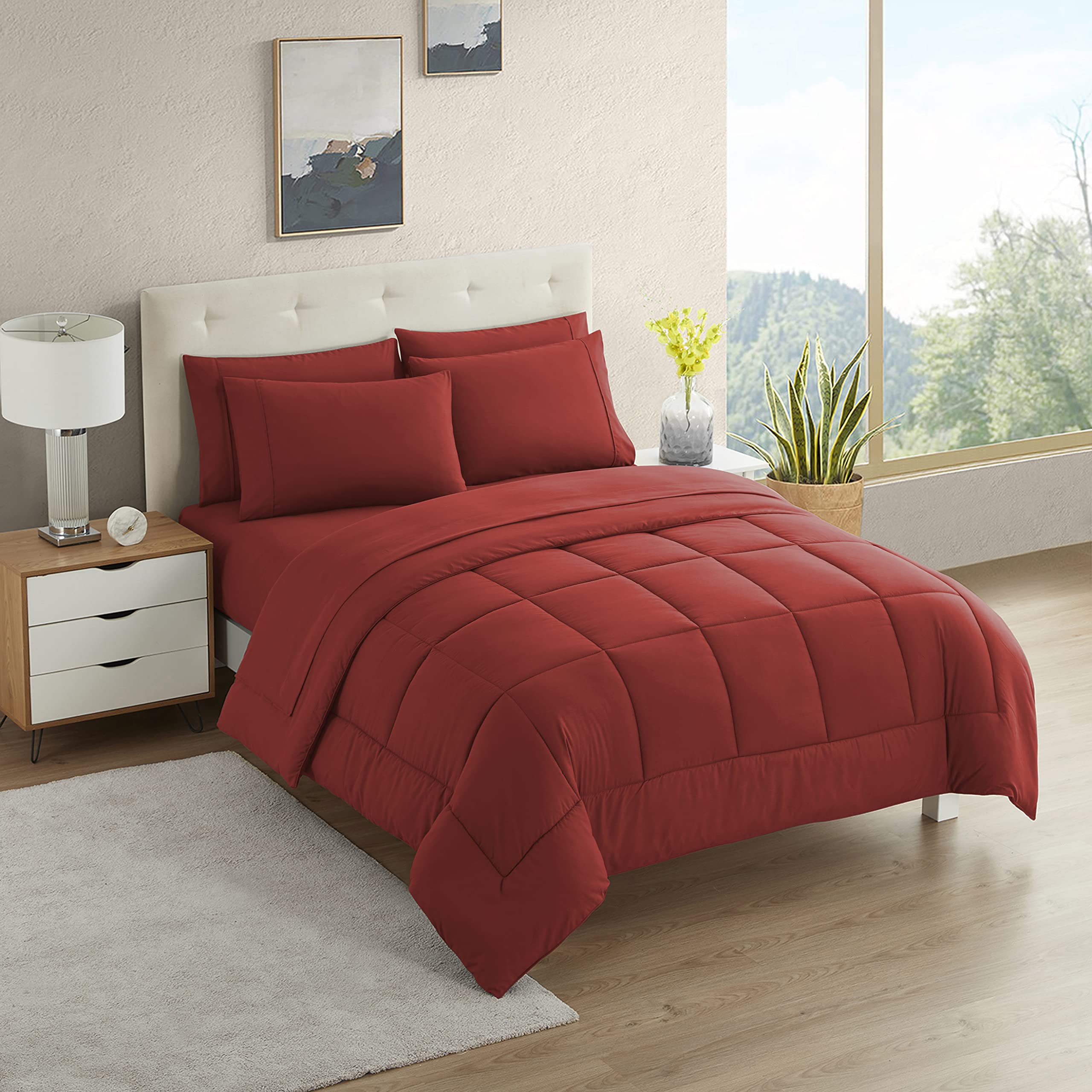 Dorm Room Essentials College Bedding Comforter Set 5 Piece Twin XL Size Bed in a Bag for College Students Boys and Girls, Twin XL, Red