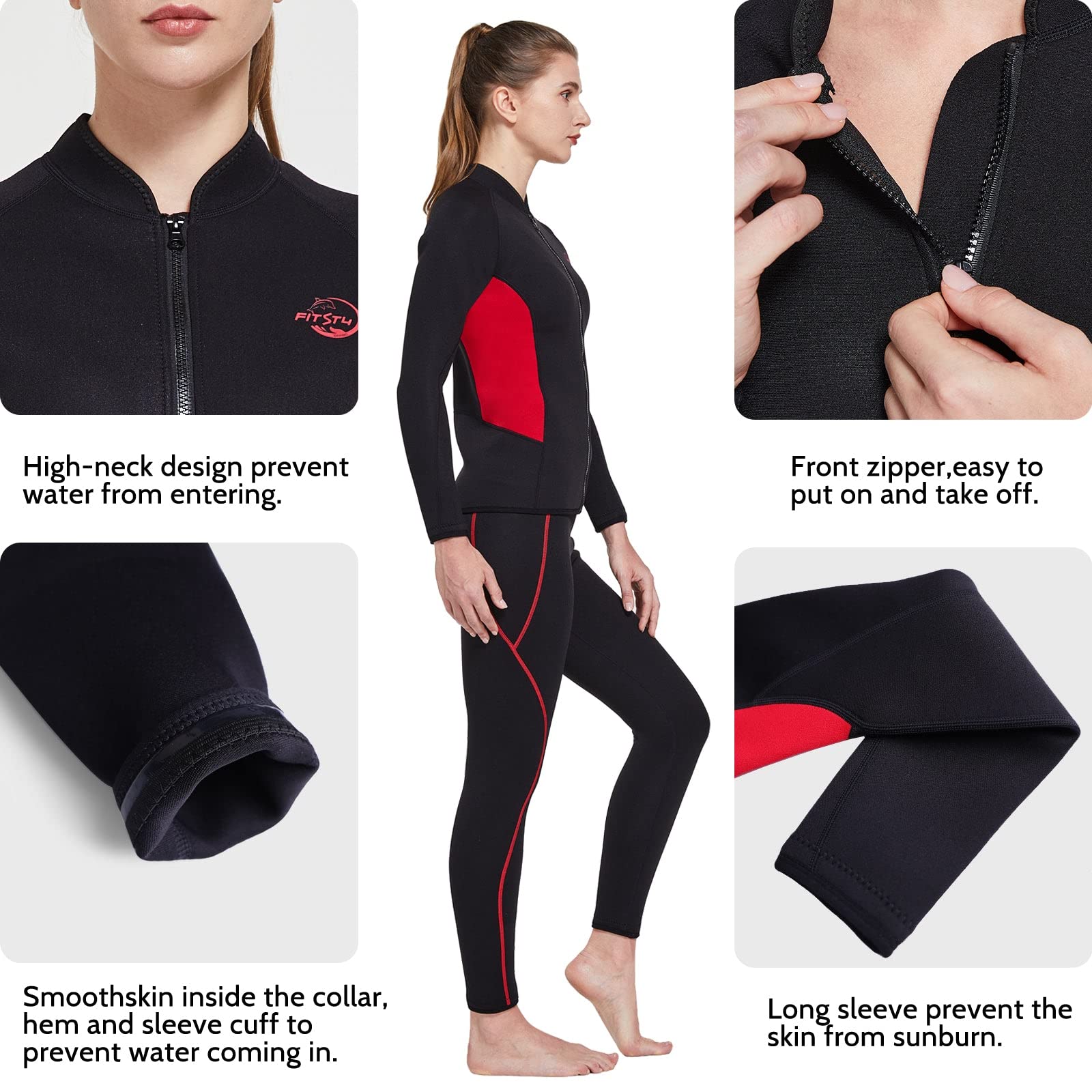 FitsT4 Womens Wetsuit Top 2mm Long Sleeve Neoprene Wetsuit Jacket with Front Zipper for Swimming Diving Surfing Boating Kayaking Snorkeling Red XL