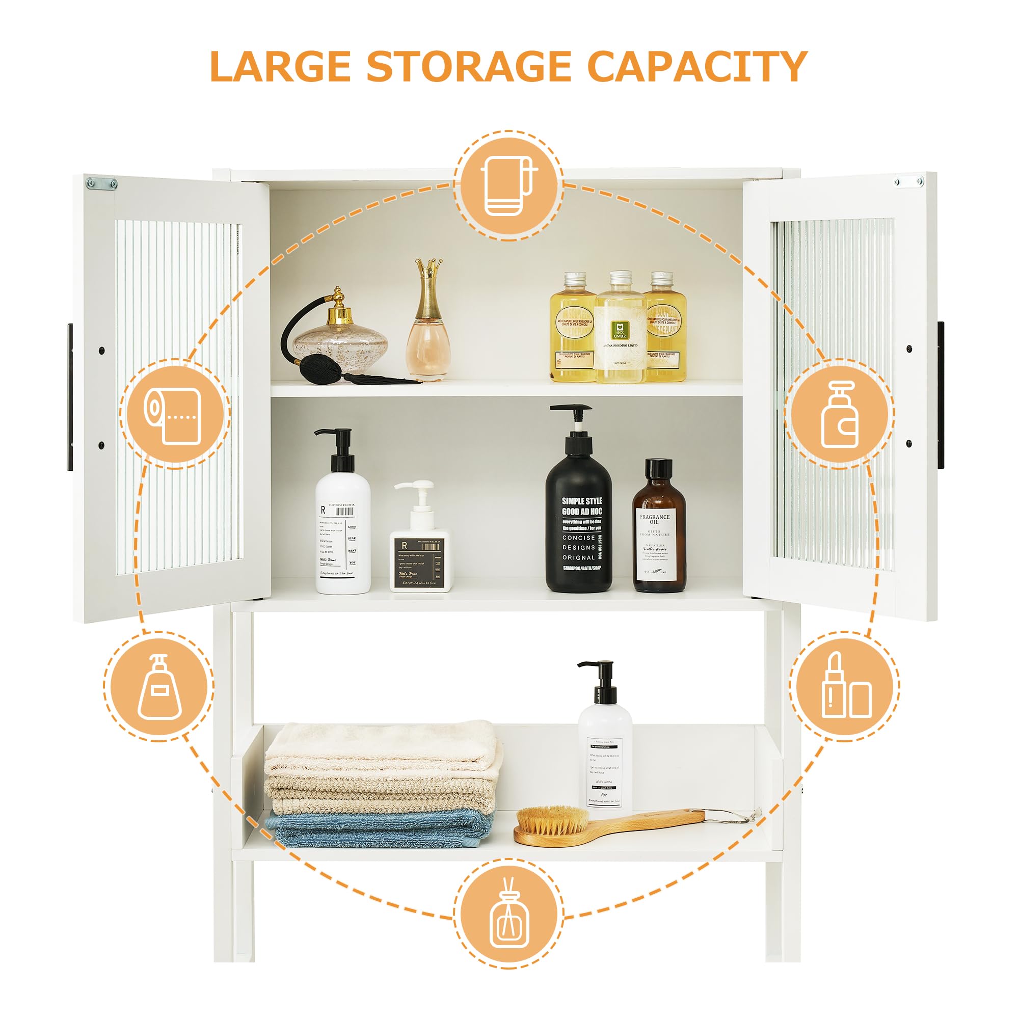 IDEALHOUSE Over The Toilet Storage Cabinet, Bathroom Storage Cabinet Organizer with Doors and Adjustable Shelf, Freestanding Bathroom Storage Rack, White