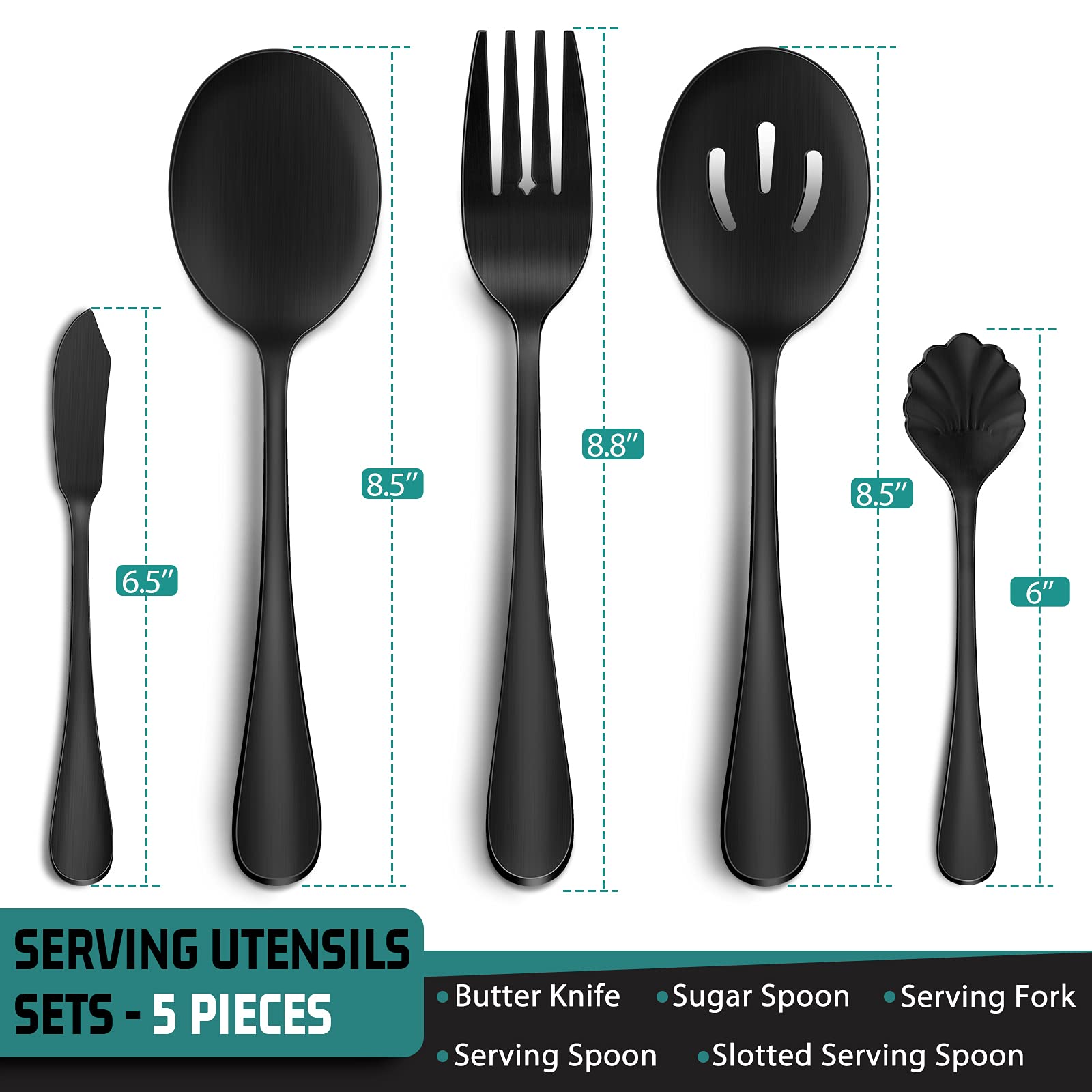 Hiware Matte Black Silverware Set with Serving Utensils for 8, Food Grade Stainless Steel Flatware Cutlery Set for Home and Restaurant, Fork Spoon Knife Set, Hand Wash Recommended
