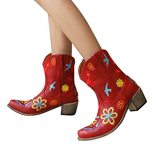 FASDNENDYS Womens Casual Stylish Ankle Boots Comfortable Shoes for Adults Summer Womens Chunky Heel Boots Red
