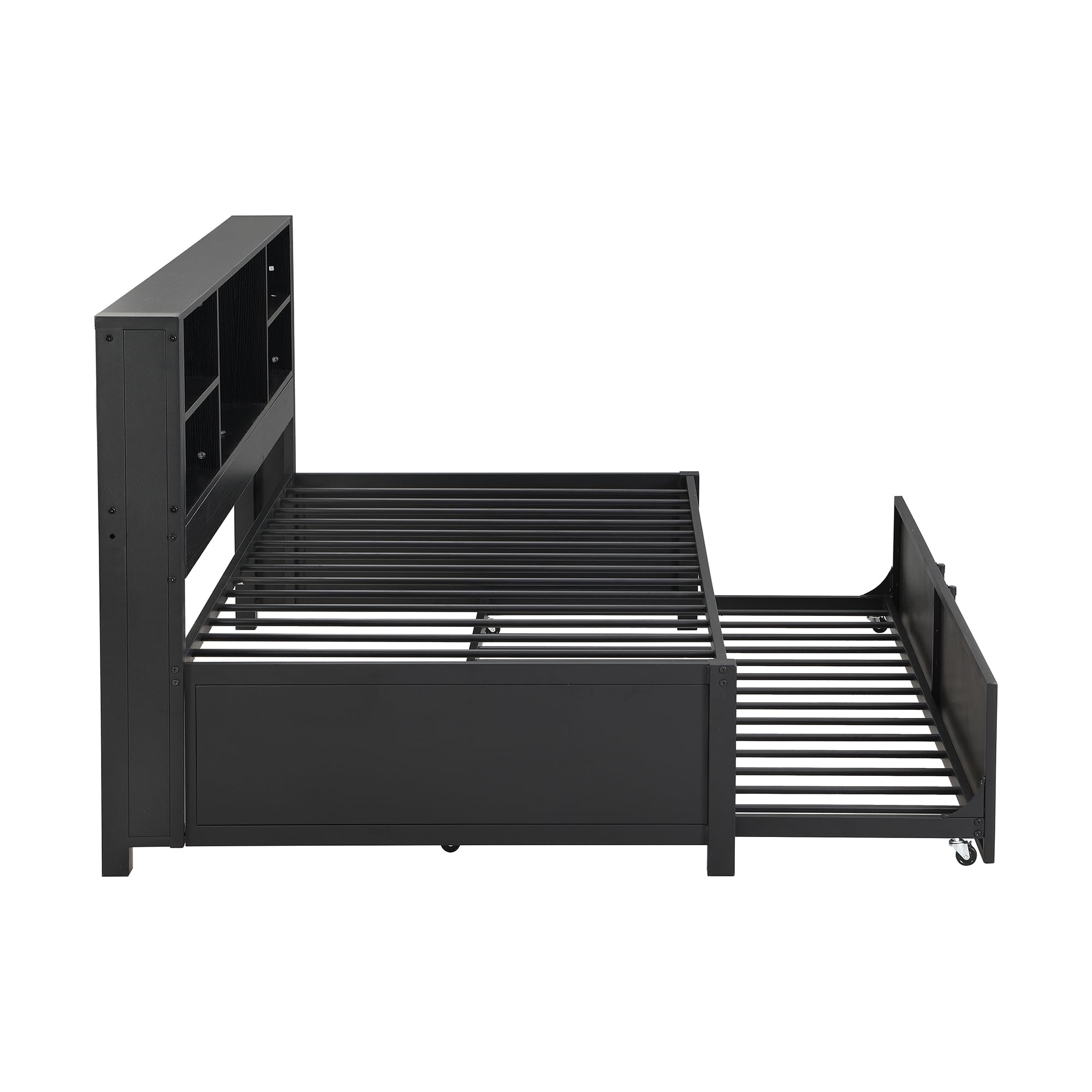 LostCat Full Size Daybed with Storage Bookcases, Wood Day Bed with Sideboard Shelf, Wood Slat Support, Easy Assembly, White Oak