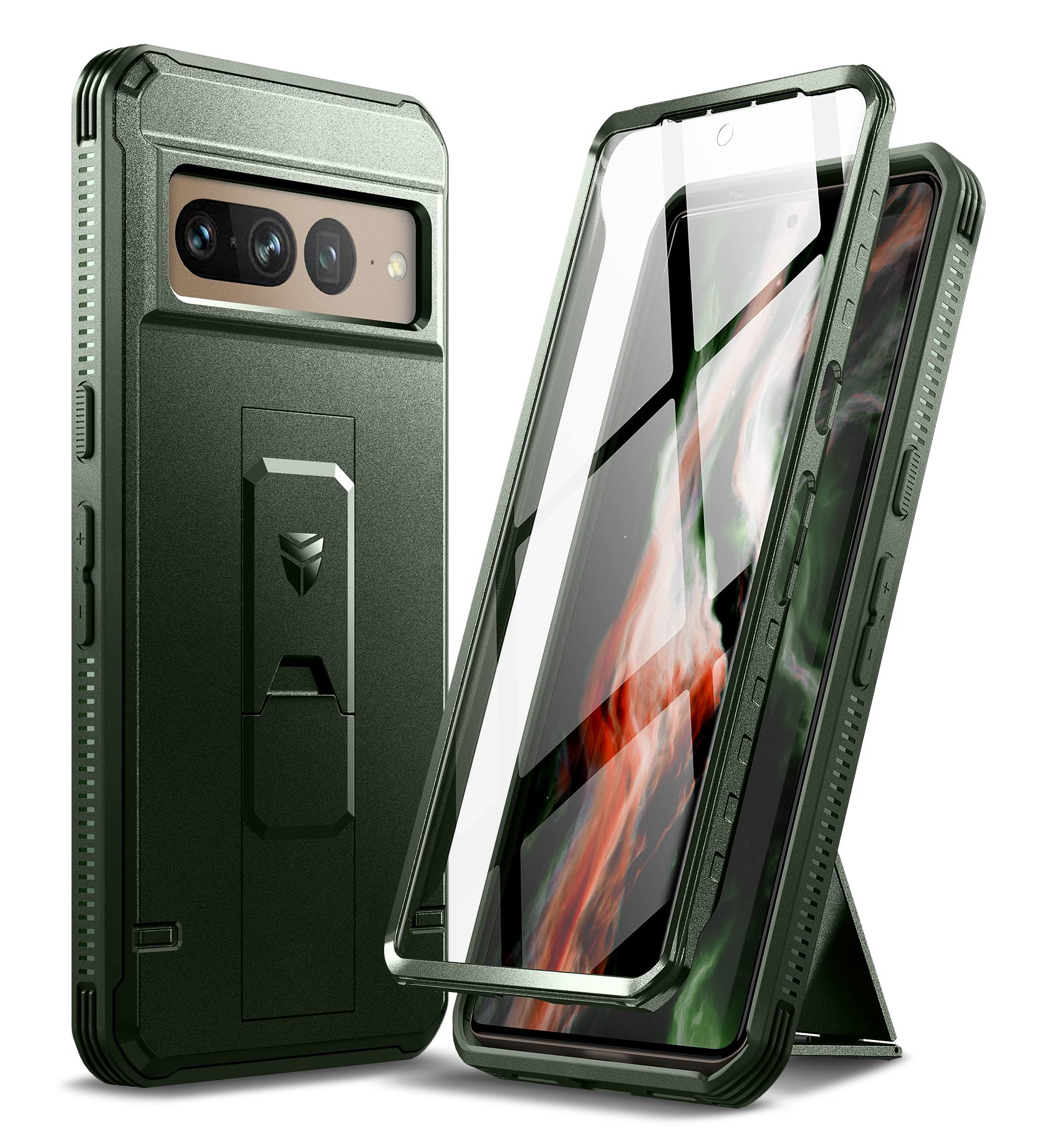Dexnor Full Body Case for Google Pixel 7 Pro, [Built in Screen Protector and Kickstand] Heavy Duty Military Grade Protection Shockproof Protective Cover for Google Pixel 7 Pro (Military Green)