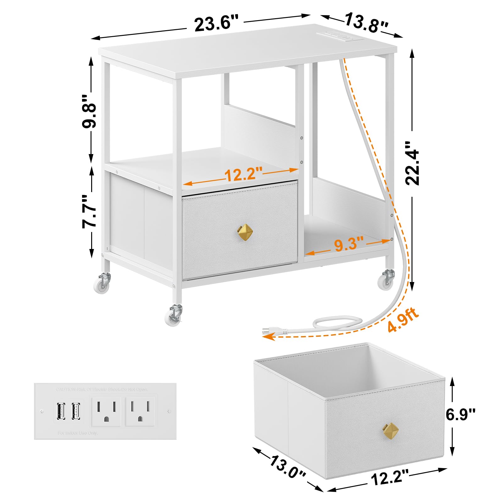 REAHOME End Table with Charging Station, Side Tables with Wheels, Nightstand with Storage Shelves for Small Space, Bedside Table for Bedroom-White