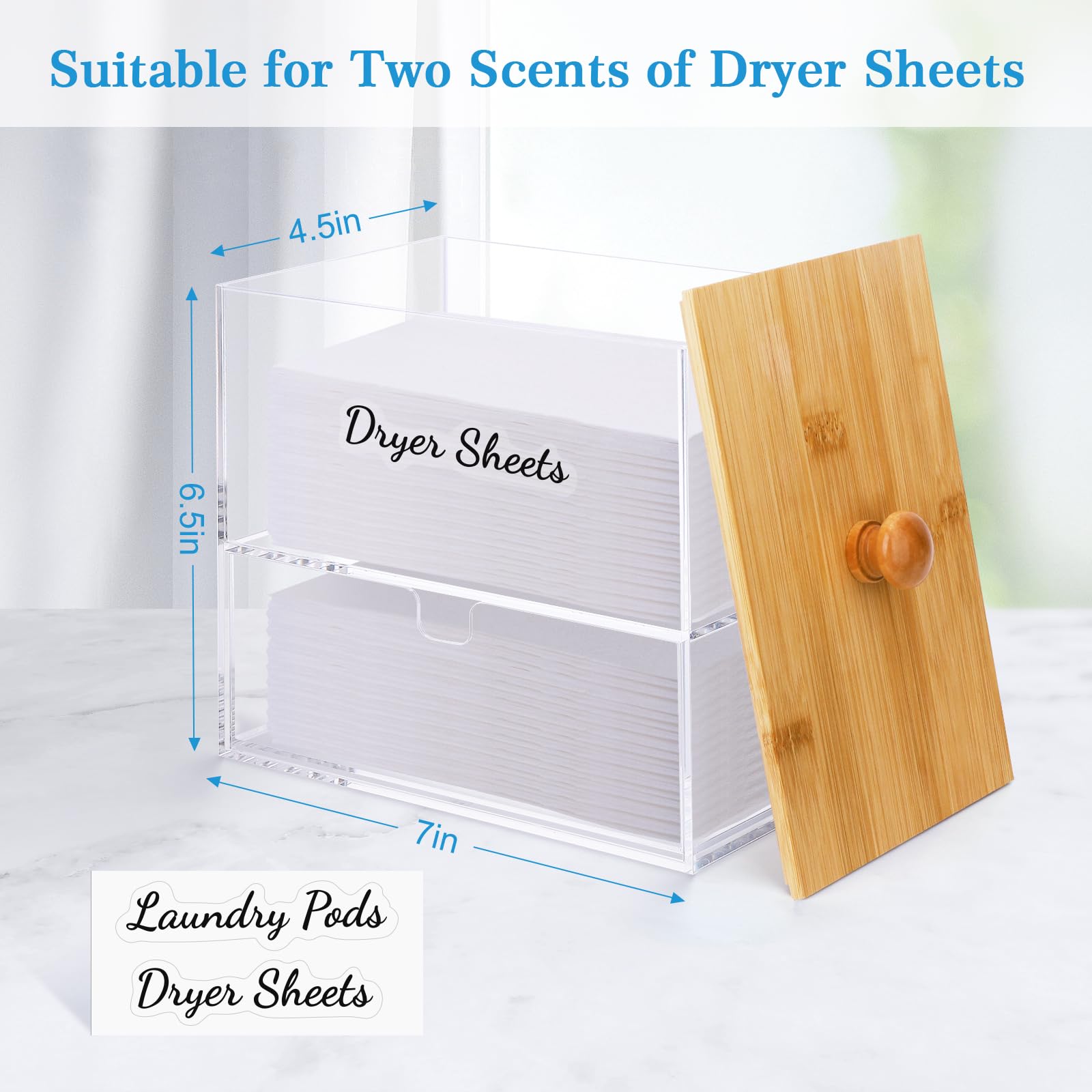 JYPS Acrylic Dryer Sheet Holder with Drawer and Bamboo Lid, Clear Laundry Room Organization and Storage,Dryer Sheet Laundry Pods Containter Box for Laundry Room Decor