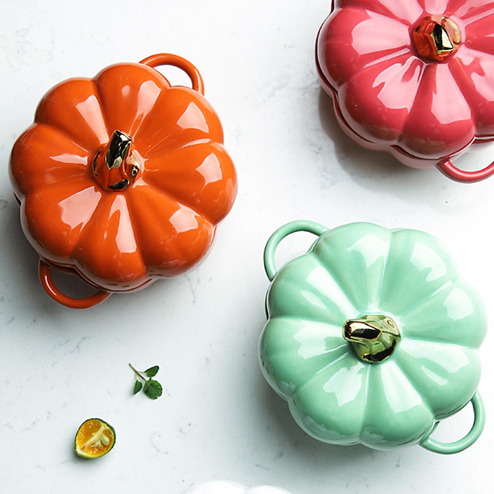 Dutch Oven Pot with Lid, Pumpkin Pottery Dessert Saucepan, Mini Baking Dish Cute Pumpkin Bowl, Covered Dutch Oven Ceramic Stockpot, Pumpkin-Shaped Casserole (Green)