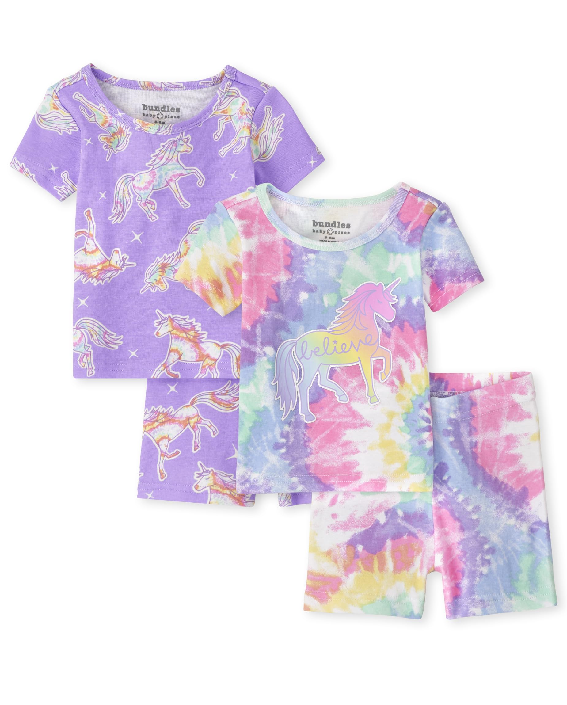The Children's Place Baby Girls' and Toddler Snug Fit 100% Cotton Sleeve Top and Shorts 4 Piece Pajama Set, Lavendar Tie Dye, 4T