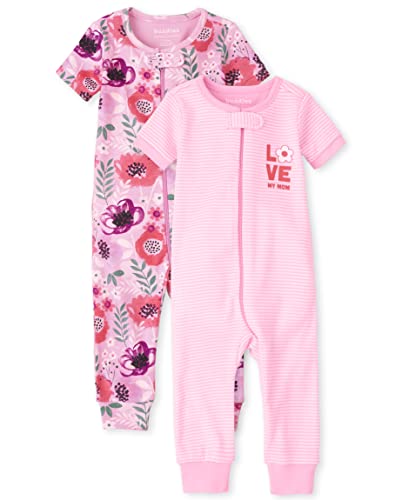 The Children's Place Baby Girls' and Toddler Short Sleeve Zip-Front One Footless Pajama Snug Fit 100% Cotton 2 Piece Set, Tiara Pink, 4T