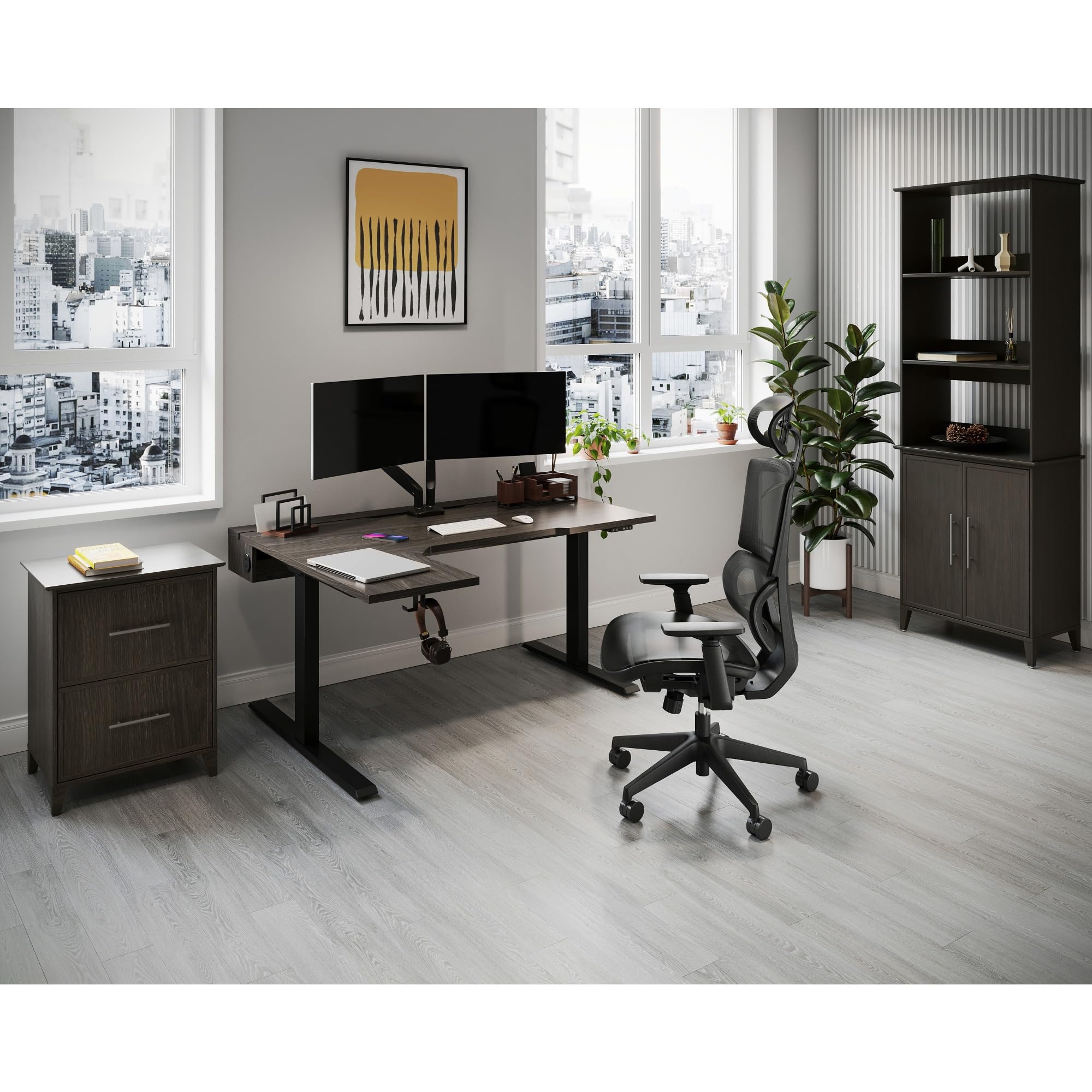 RealspaceĀ® Koru Electric 59"W L-Shaped Height-Adjustable Standing Desk with Integrated Power & Charging, Espresso Oak