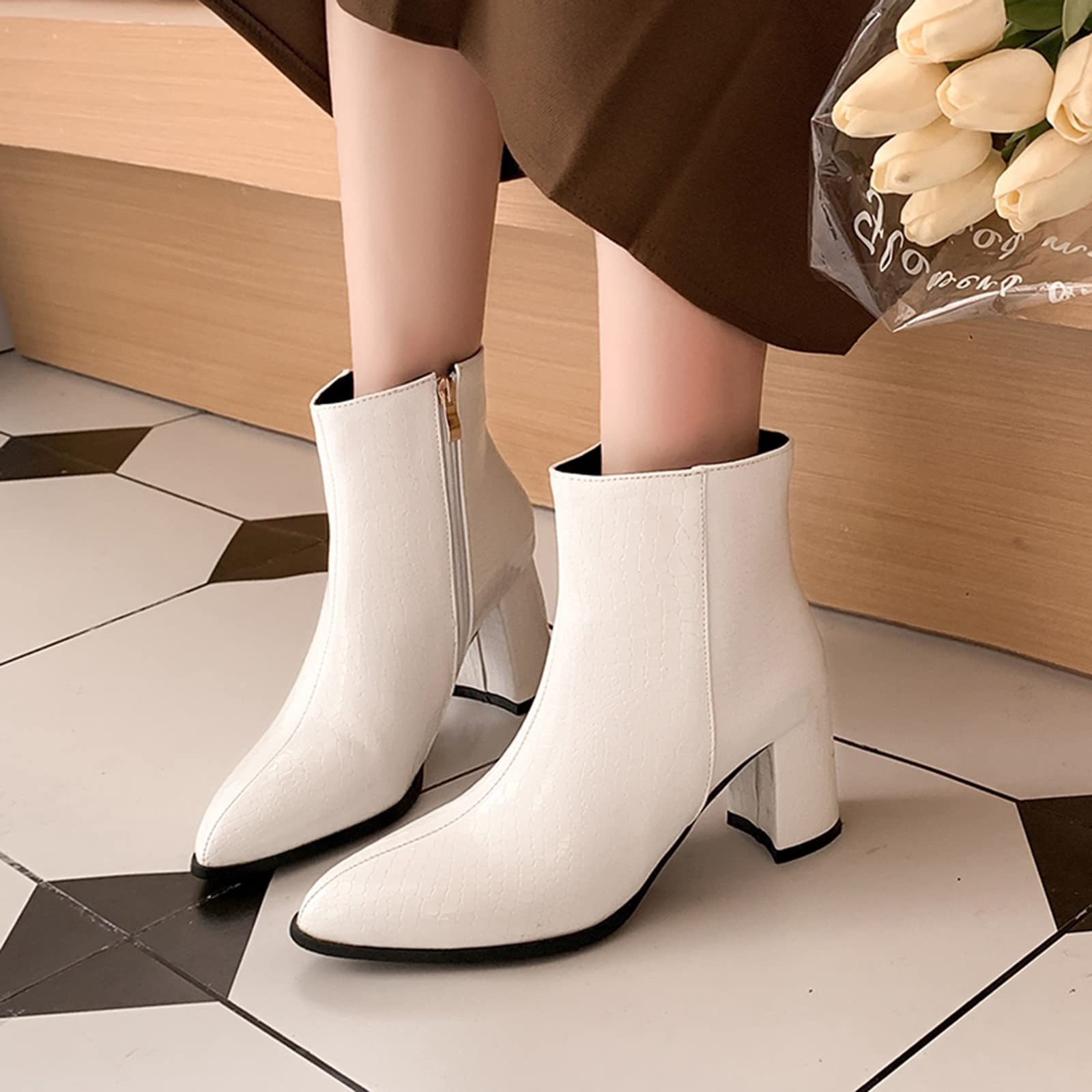 FASDNENDYS Women Waterproof Non Slip Leather High Heel Fashion Pumps Boots Platform Heel Shoes White